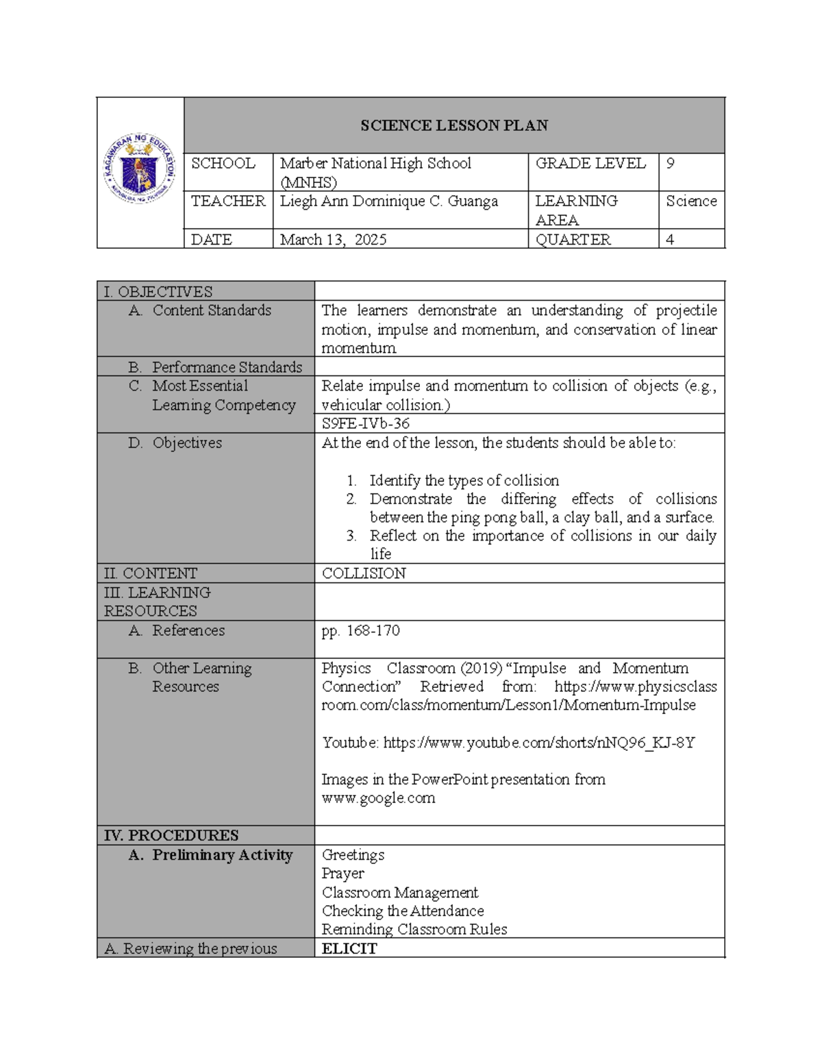 Science Lesson Plan: Understanding Collisions (Grade 9, MNHS) - Studocu