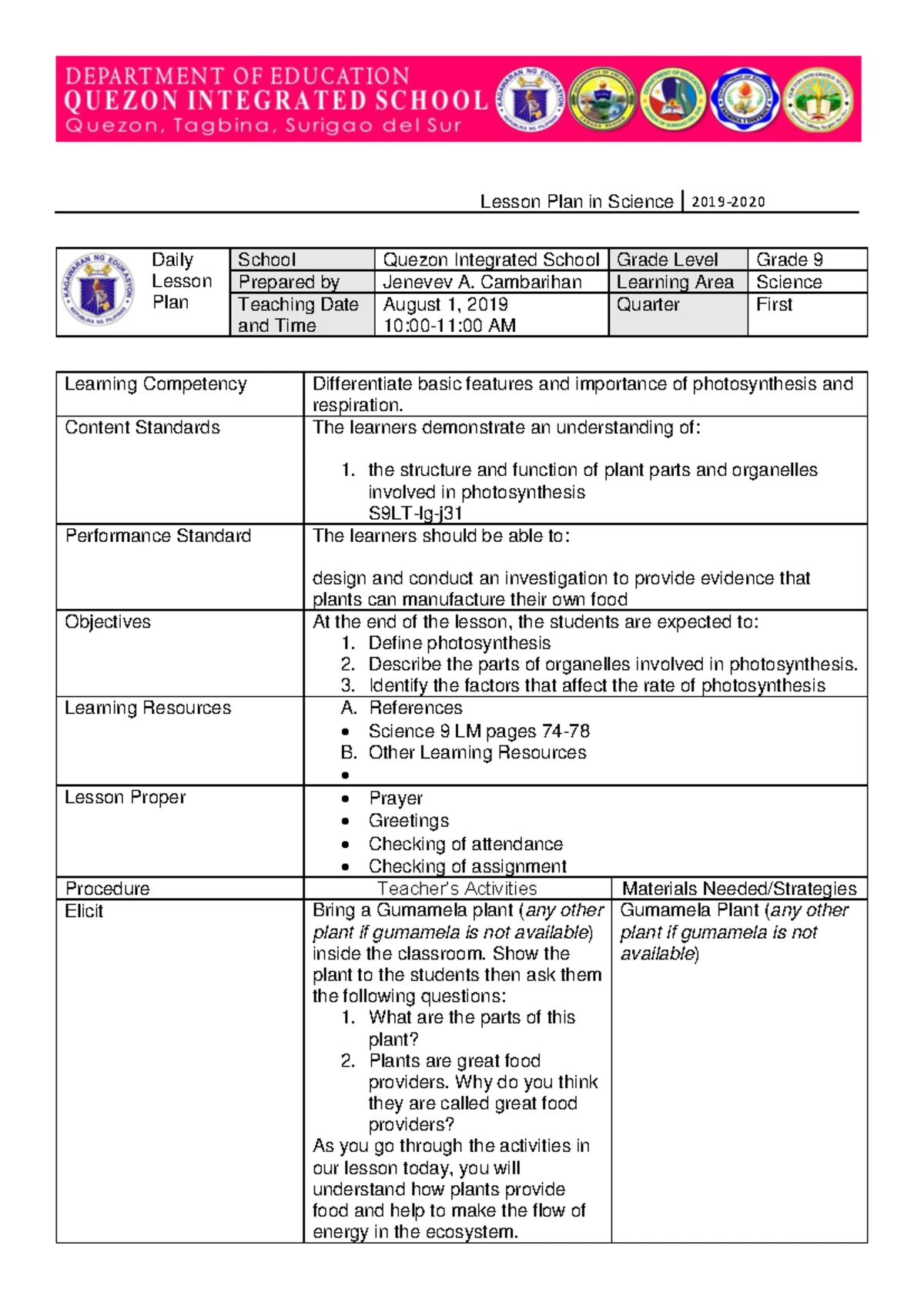 434545736 Lesson Plan in Science 9 1st Quarter - Lesson Plan in Science 2019- Daily Lesson Plan ...