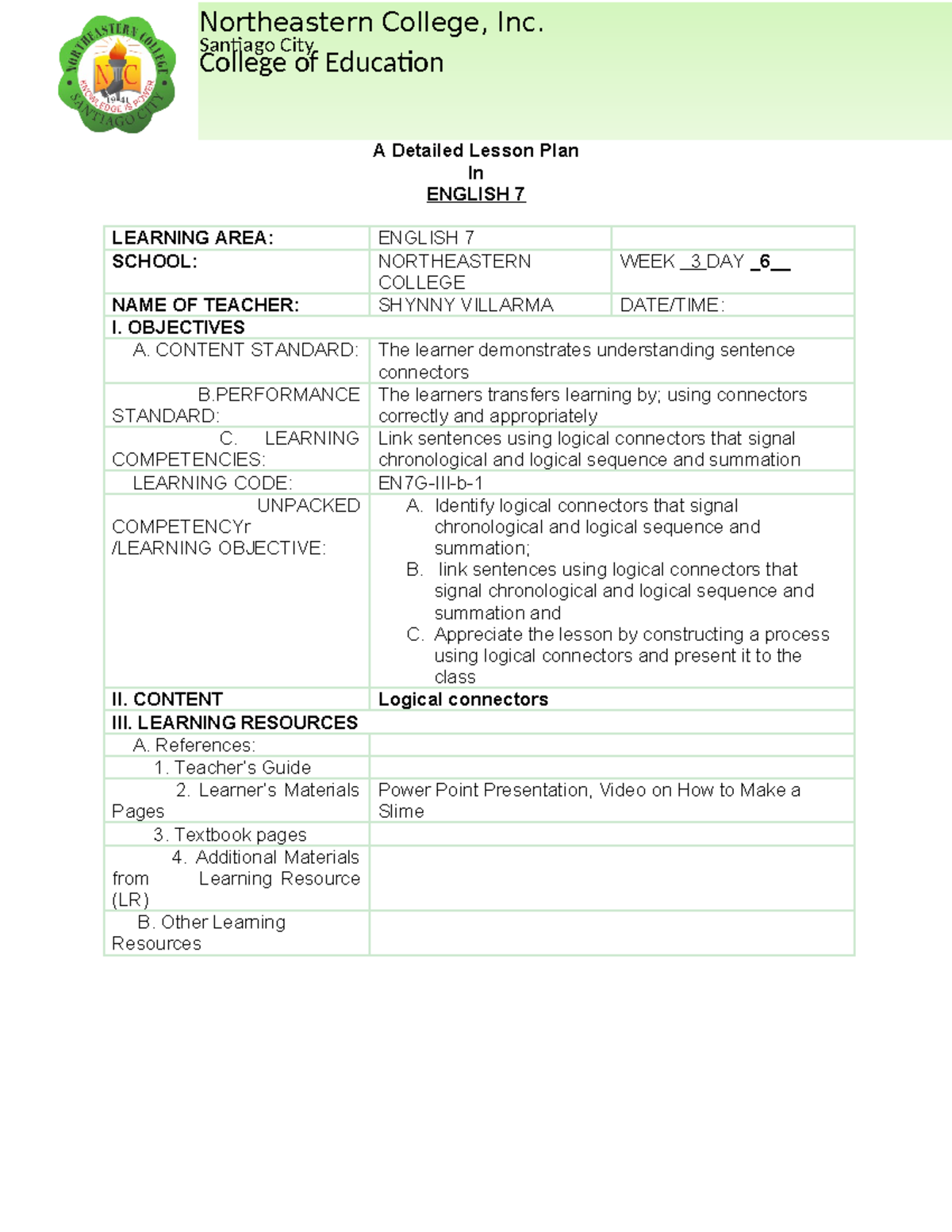 Detailed Lesson Plan on Logical Connectors EN7 DLP 1 - Studocu