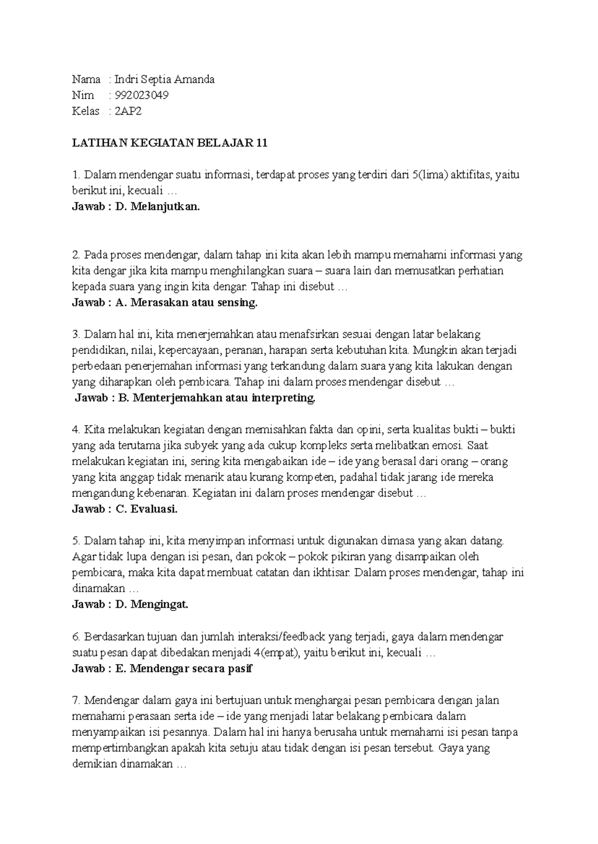 Latihan Kegiatan Belajar 11: Keterampilan Mendengar (KB11) - Studocu