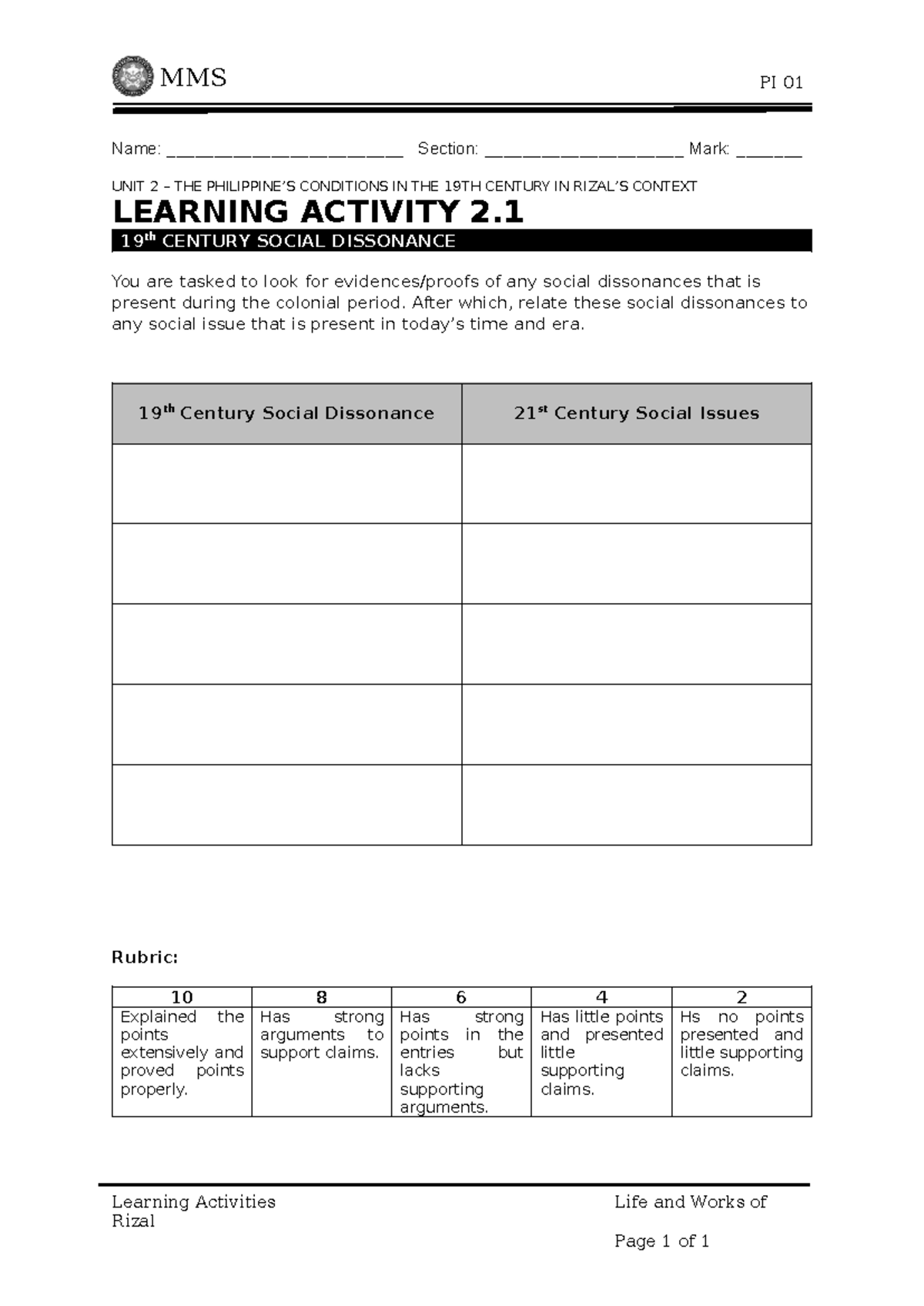 MMS PI 01: Unit 2 Learning Activity 2.1 - 19th Century Social ...