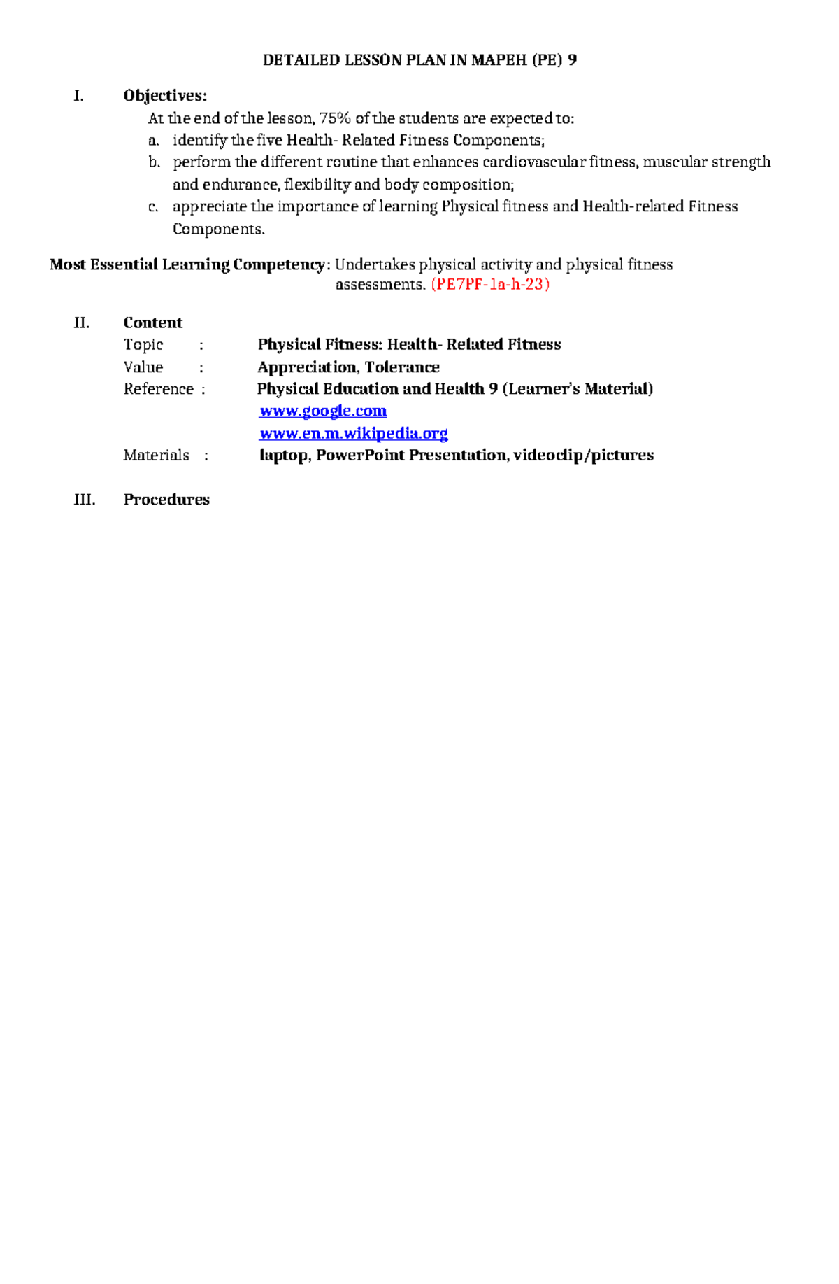 LP - Detailed Lesson Plan on Physical Fitness - PE 1 - Studocu