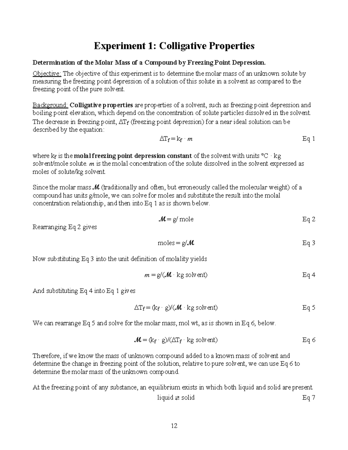 Experiment 1: Determining Molar Mass via Freezing Point Depression ...