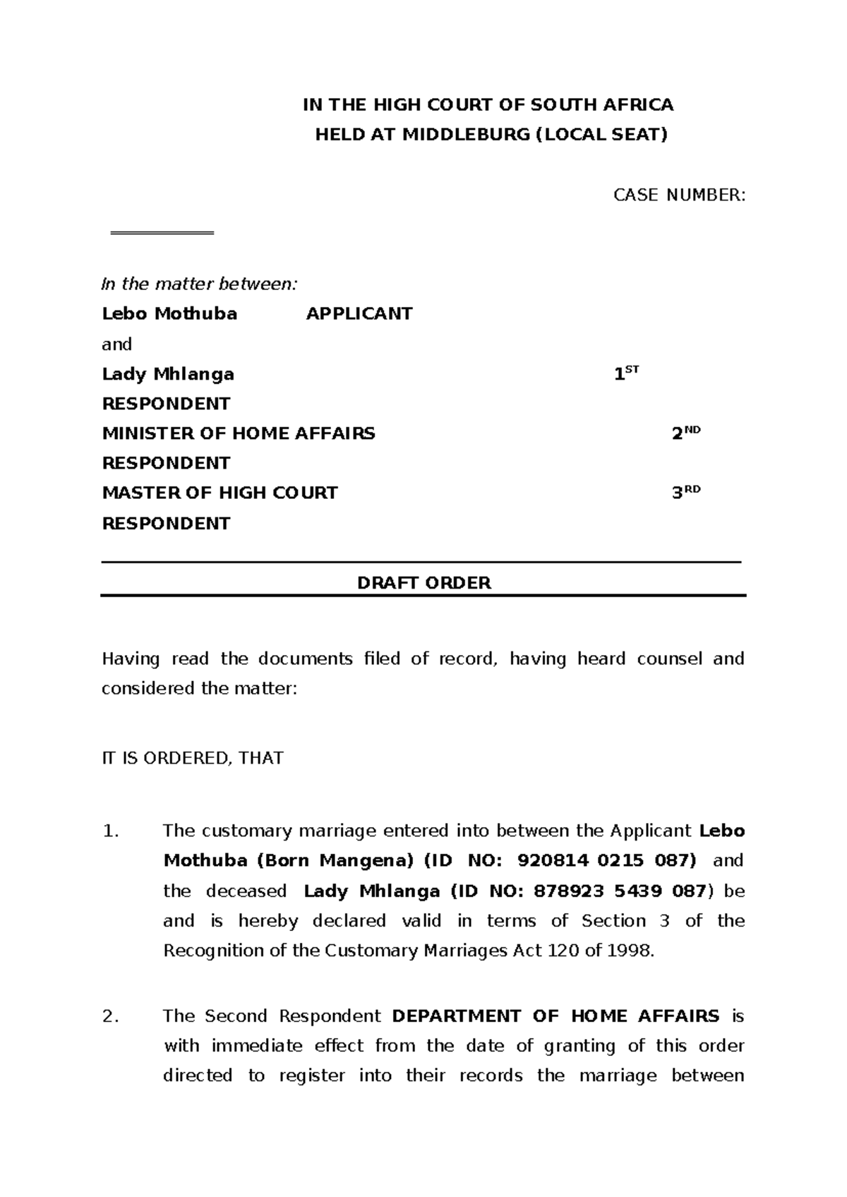 High Court Case No. [Insert Case Number]: Draft Order on Customary ...
