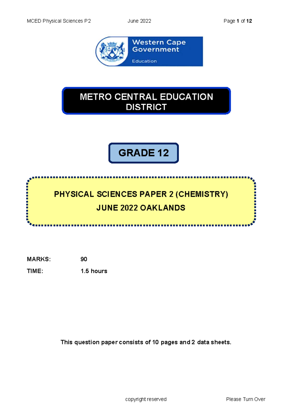 MCED Grade 12 Physical Sciences P2 June 2022 Exam Paper - Studocu