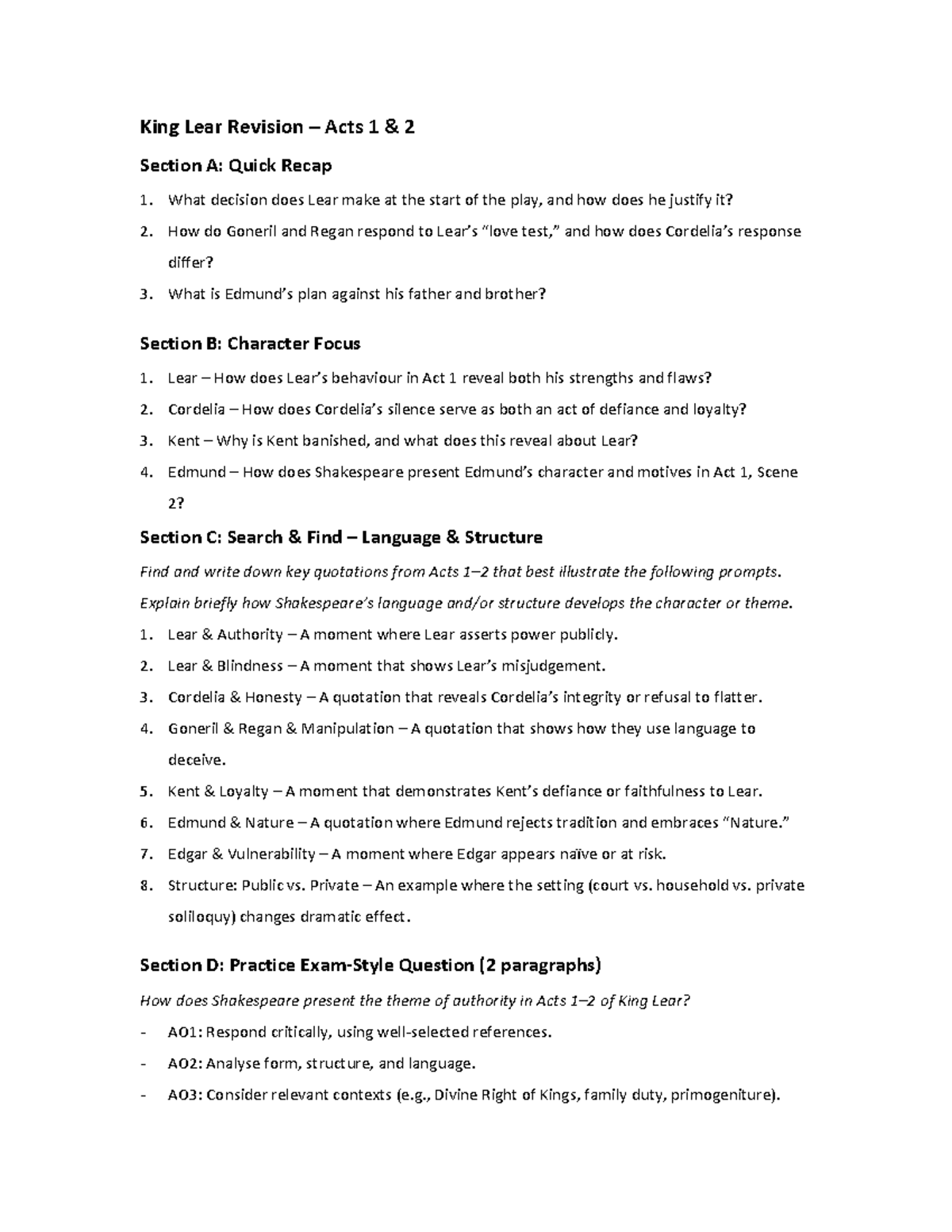 King Lear Revision: Quick Recap of Acts 1 & 2 Analysis - Studocu