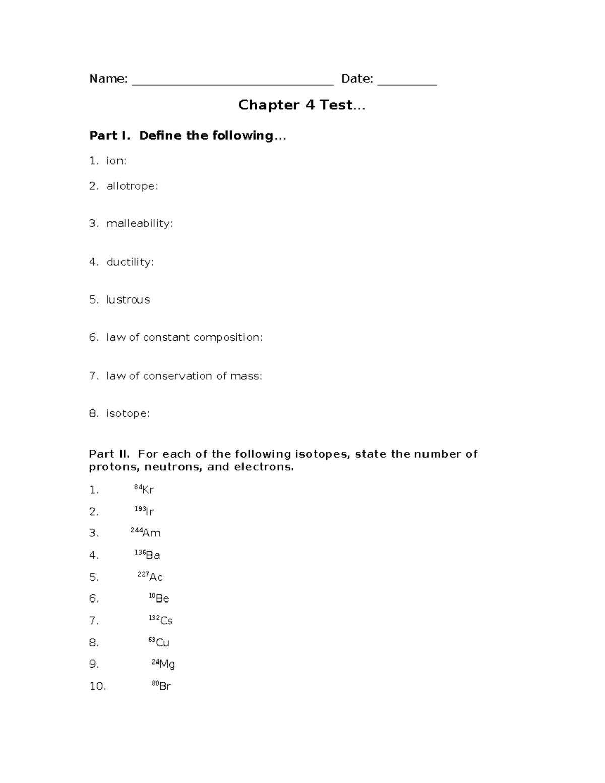 Chapter 4 Test A - Key Concepts and Definitions in Chemistry - Studocu