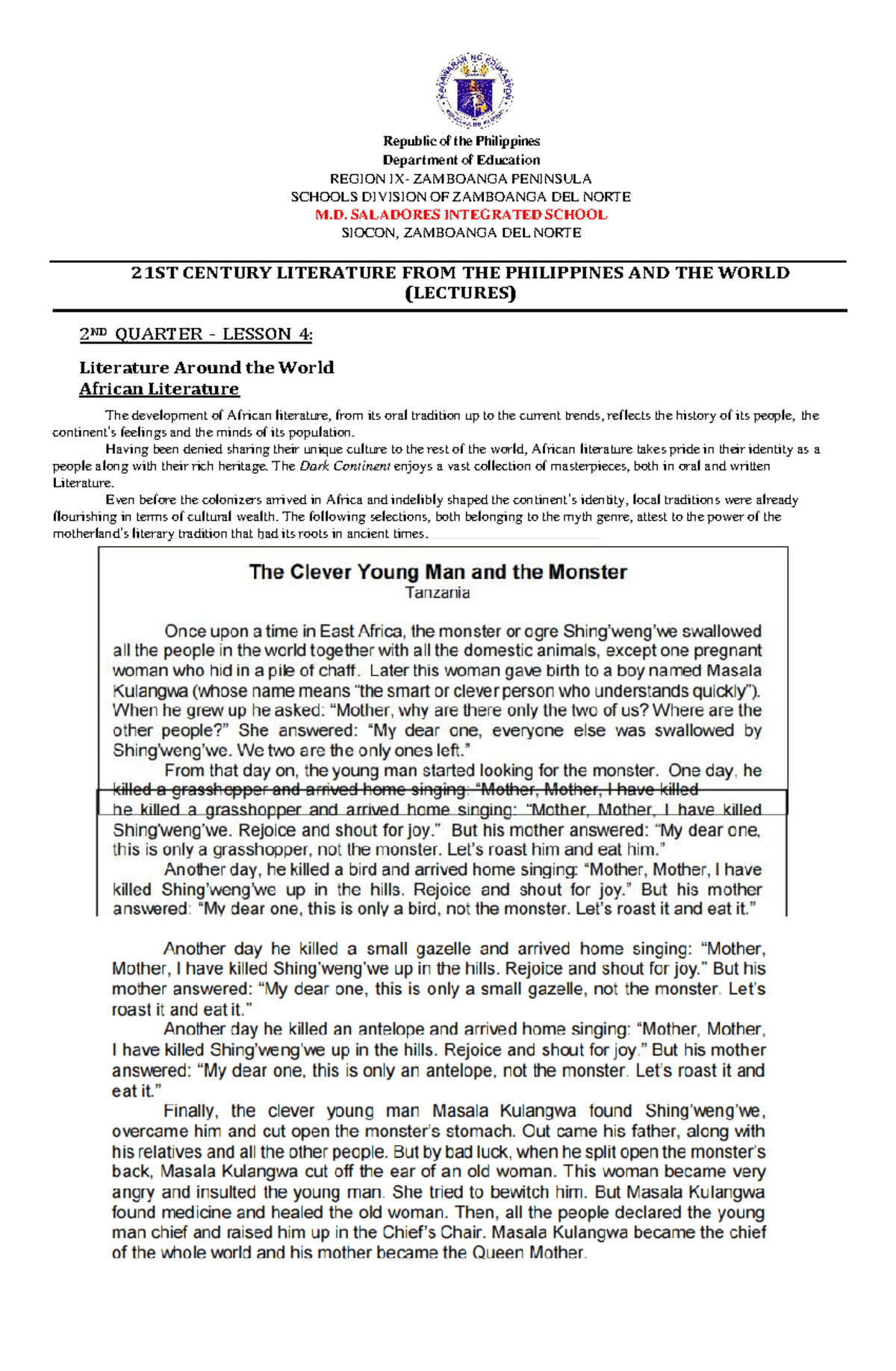 21st Century Literature (21st - Lit) 2nd Qtr Lesson 4: African Lit ...