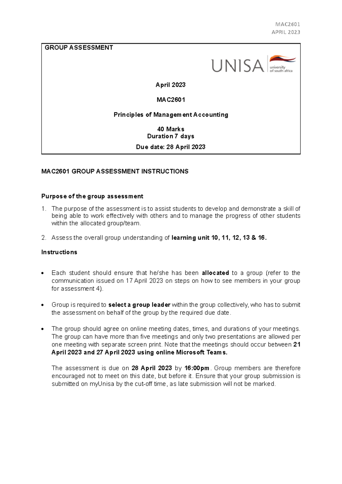 MAC2601 Group Assessment Instructions - April 2023 Overview - Studocu
