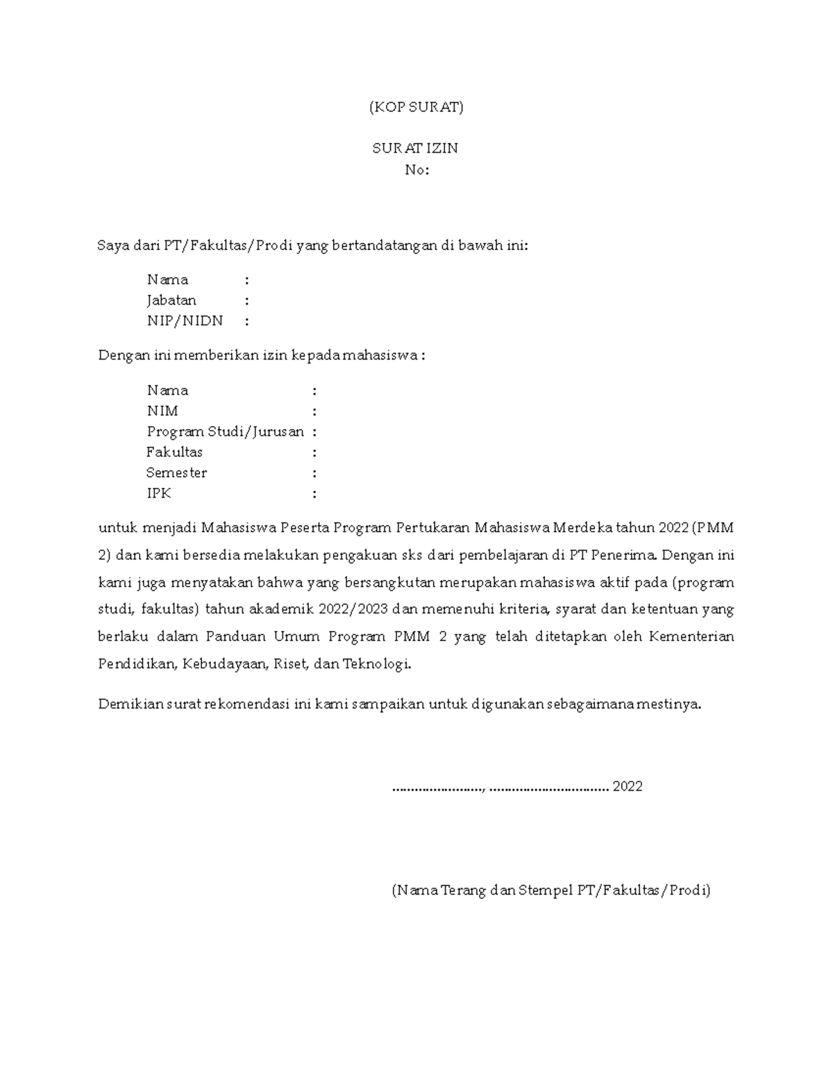 Surat Izin Mengikuti PMM 2 dari PT/Fakultas - Format dan Contoh - Studocu