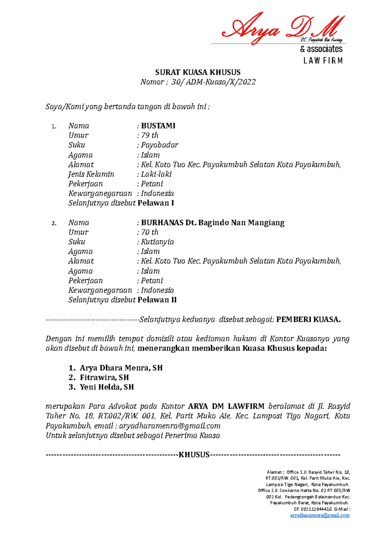 Surat Kuasa Khusus Derden Verzet Bustami dan Burhanas - Studocu