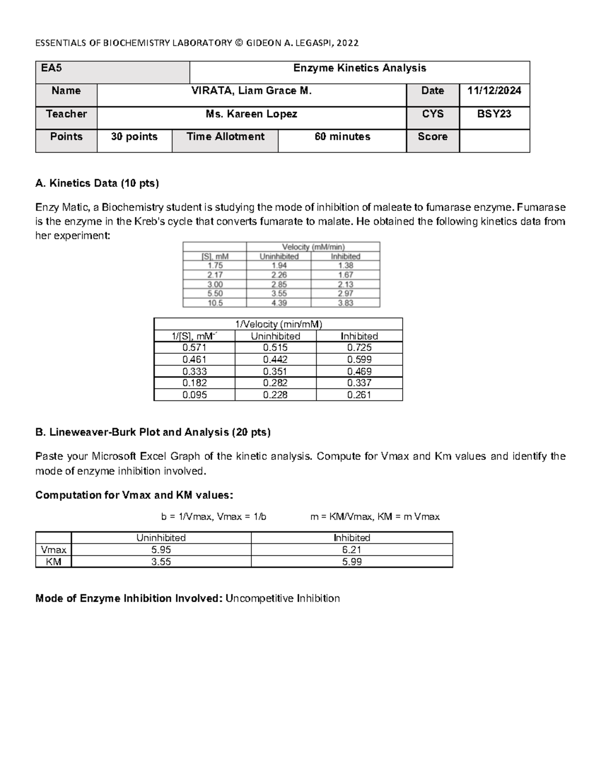 Worksheet on Enzyme Kinetics Analysis EA5 - Virata - Studocu