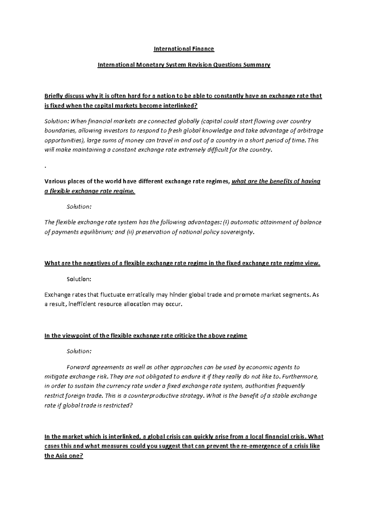 IF - Intl Monetary System Rev Questions & Solutions Guide - Studocu