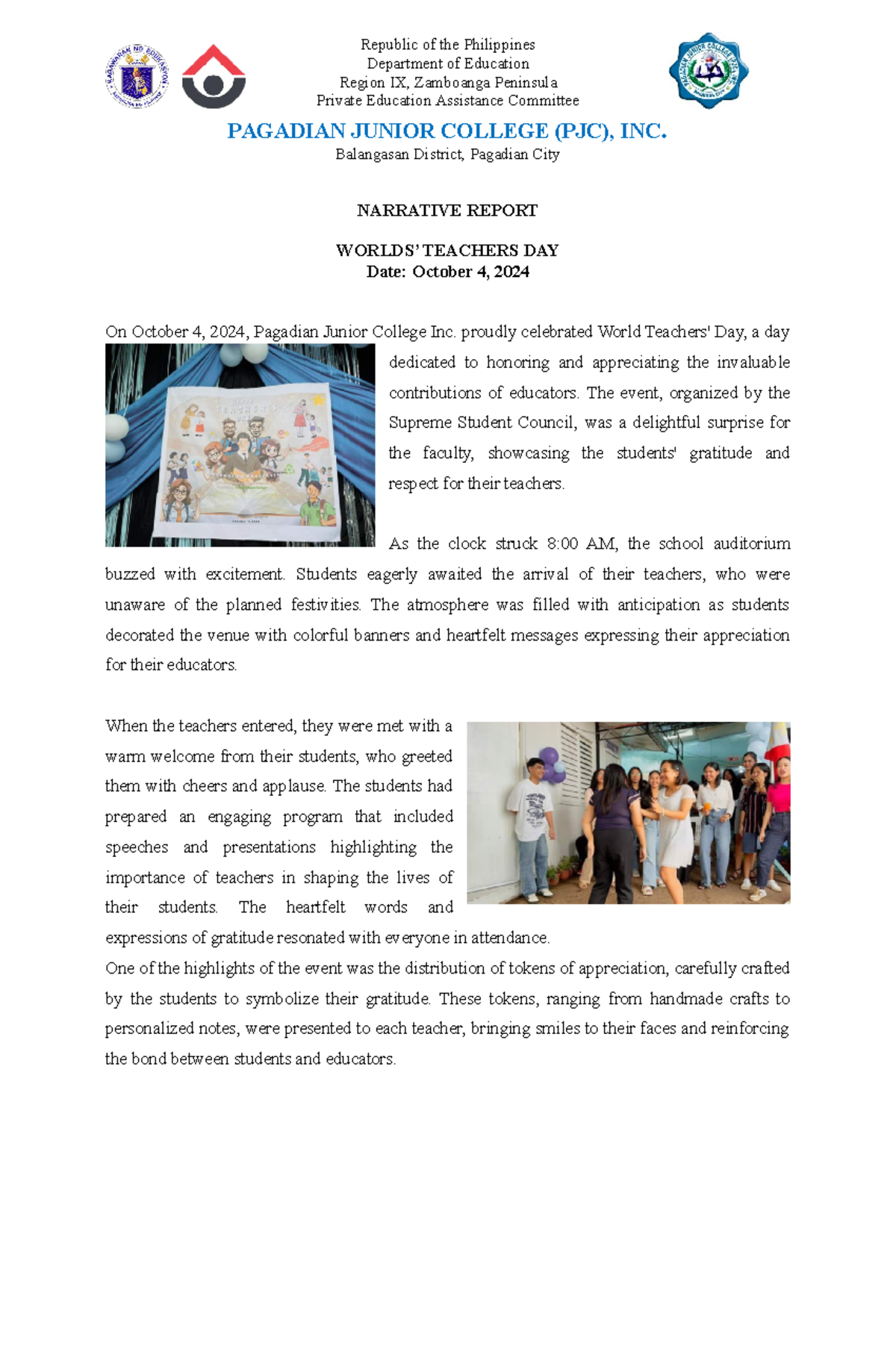 Teachers Day Narrative Report - Pagadian Junior College (PJC) - Studocu