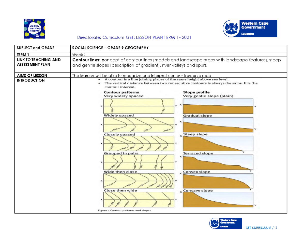 Lesson Plan SP Grade 9 SS Geography Term 1 Week 1: Contour Lines - Studocu