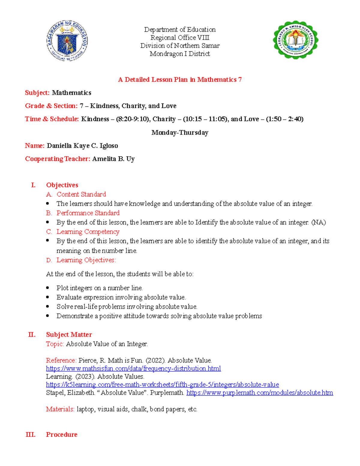 Detailed Lesson Plan on Absolute Value of Integers (Math 7) - Studocu