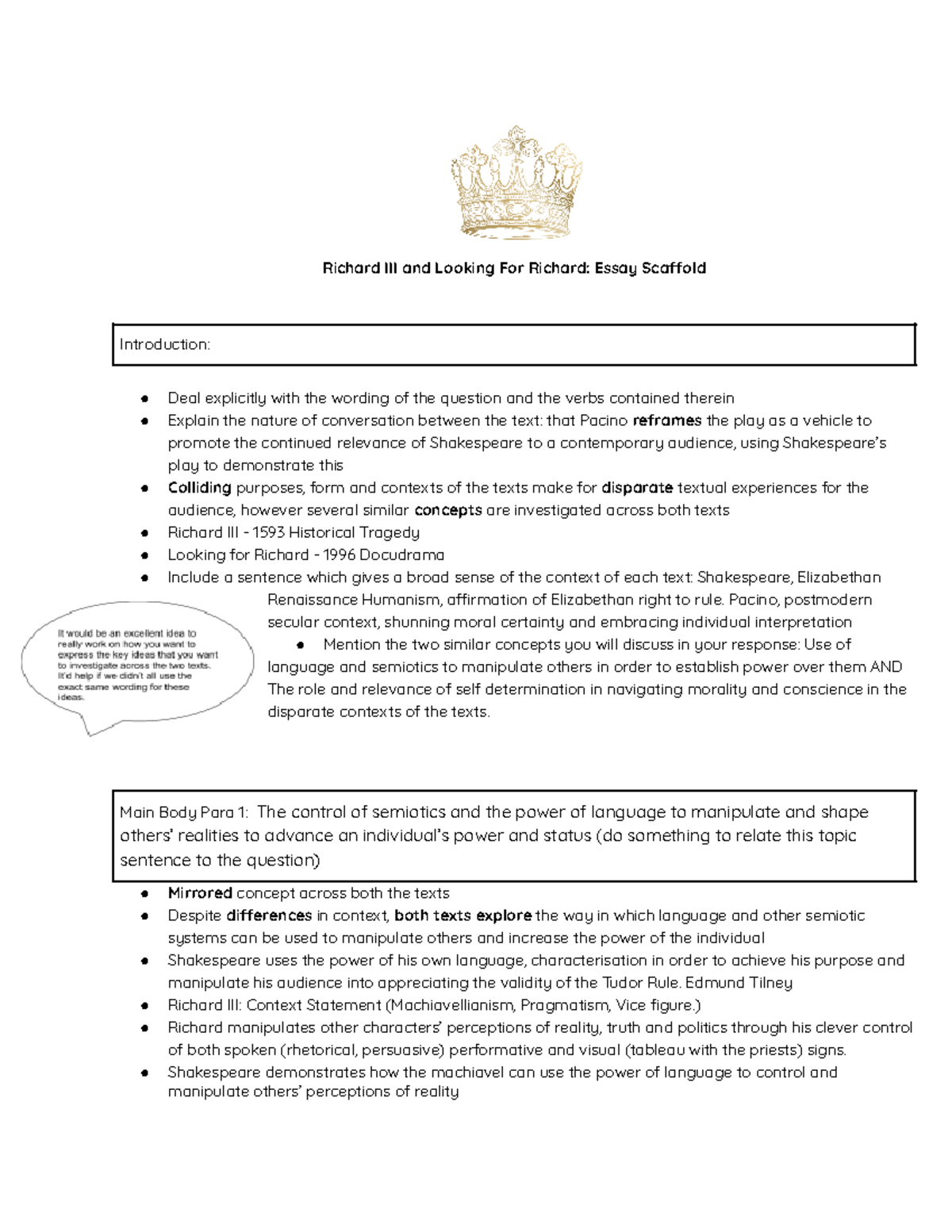 Richard III & Looking For Richard: Essay Scaffold Analysis - Studocu