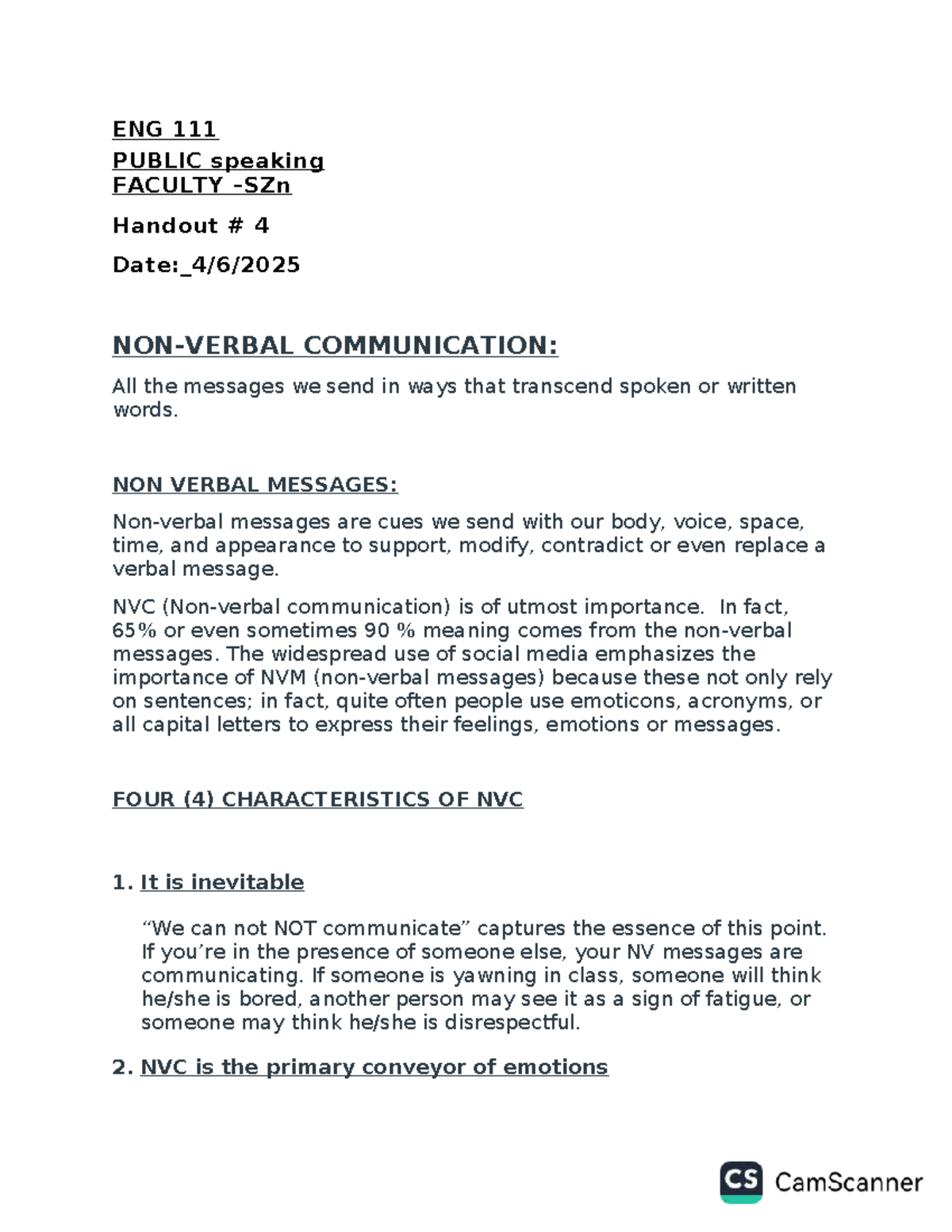 ENG 101 Handout 4: Understanding Nonverbal Communication - Studocu