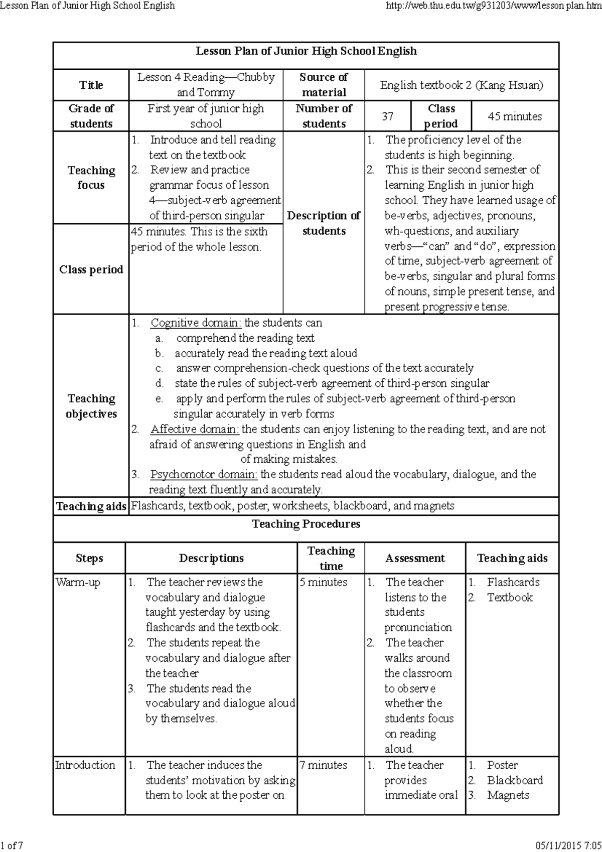 Junior High School English Lesson Plan (Grade 1, Lesson 4) - Studocu