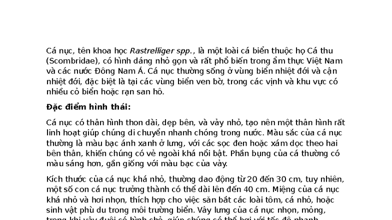 Cá Nục: Đặc Điểm, Tập Tính và Giá Trị Kinh Tế (Rastrelliger spp.) - Studocu