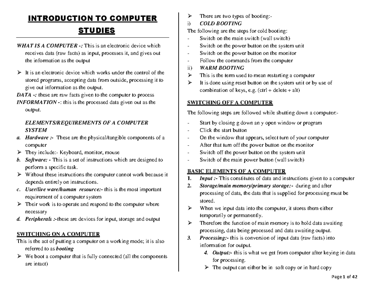 COMP 101: Introduction to Computer Studies - Key Concepts and Functions - Studocu