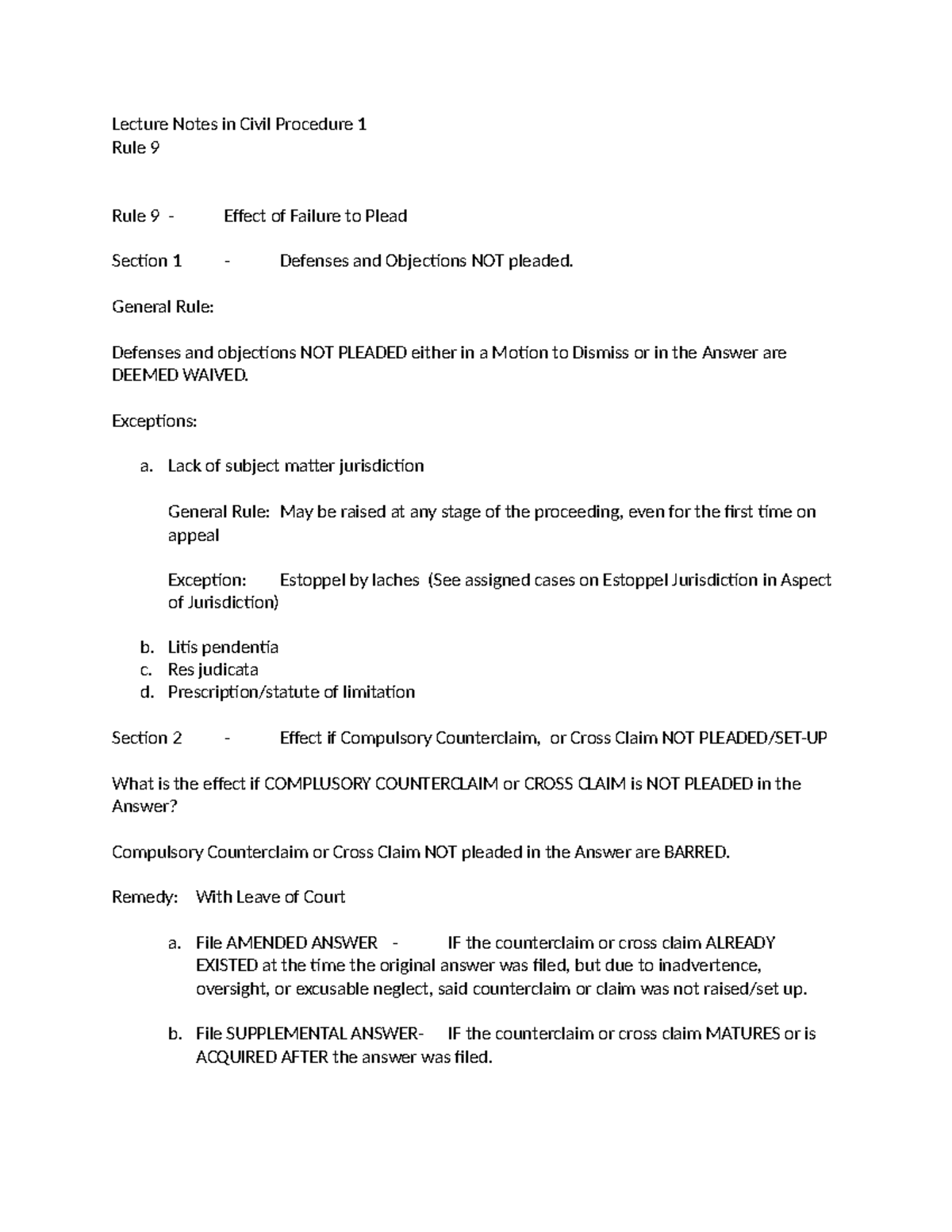 Lecture Notes in Civil Procedure i Rule 9 - Lecture Notes in Civil ...