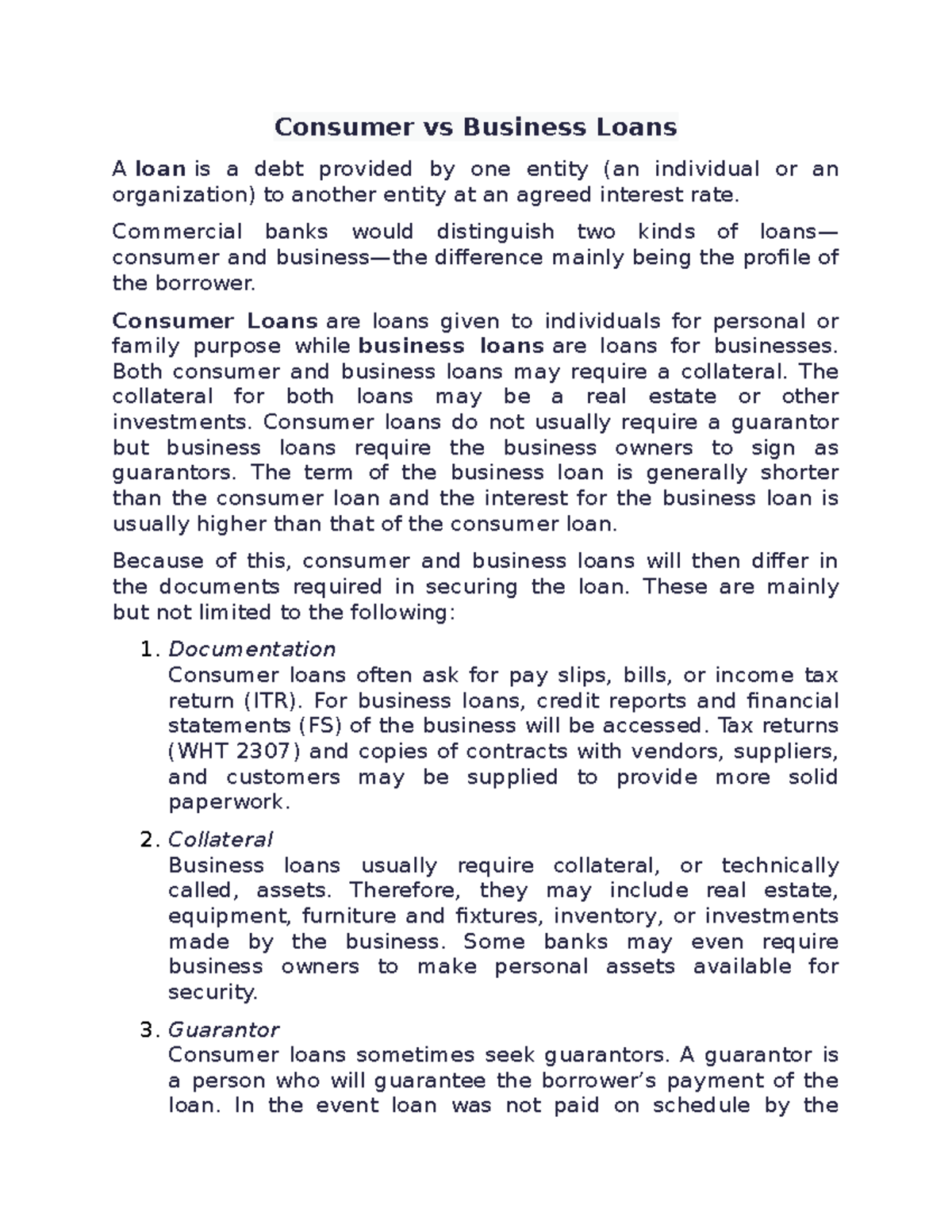 Consumer vs Business Loans - Commercial banks would distinguish two ...