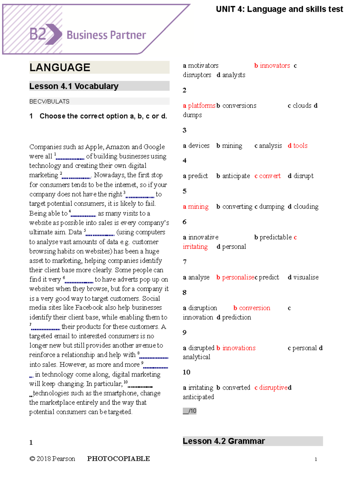 BP B2 Unit 4 Tests: Vocabulary, Grammar, and Functional Language - Studocu
