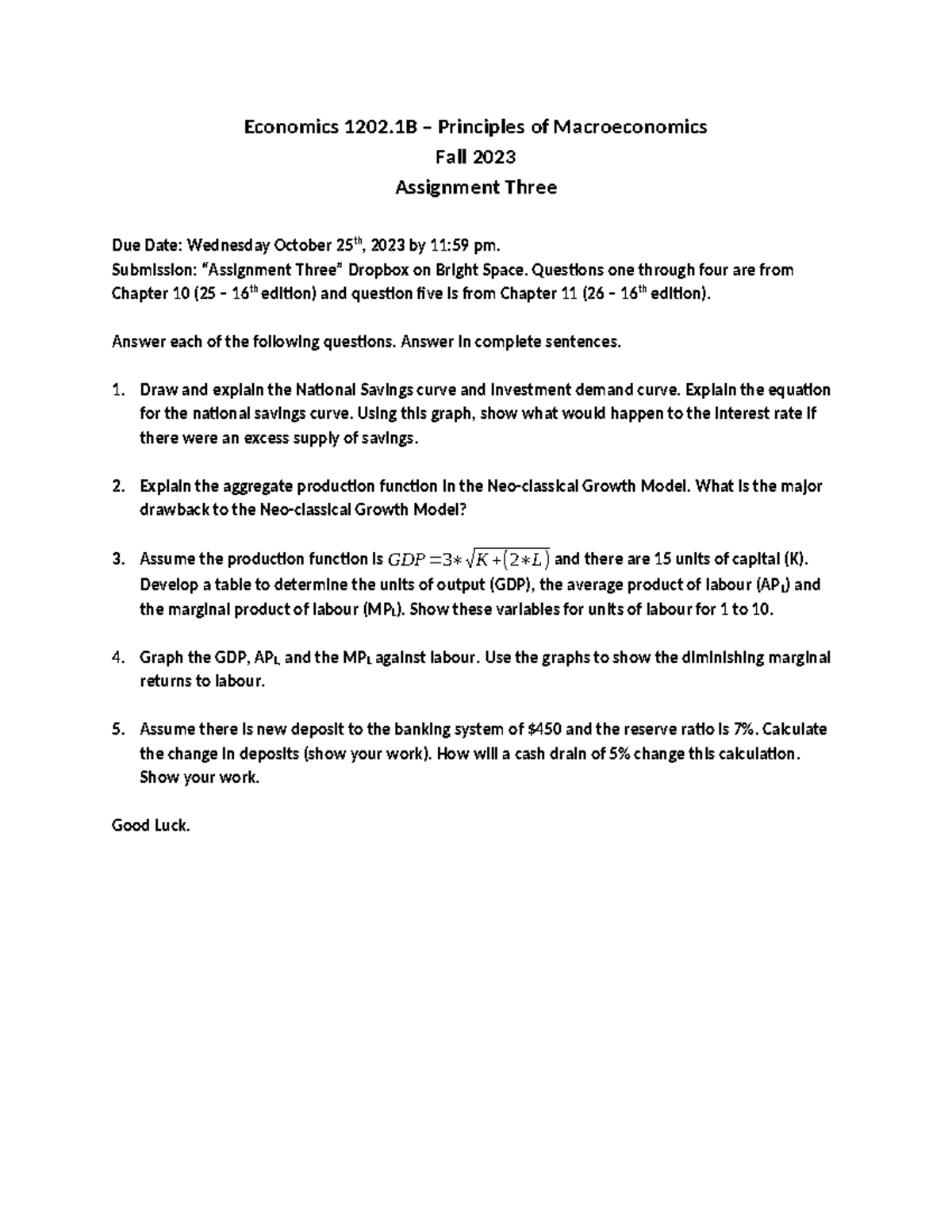 A3 - Assignment Three - ECON 1202 - Macroeconomics - Fall 2023 - Studocu