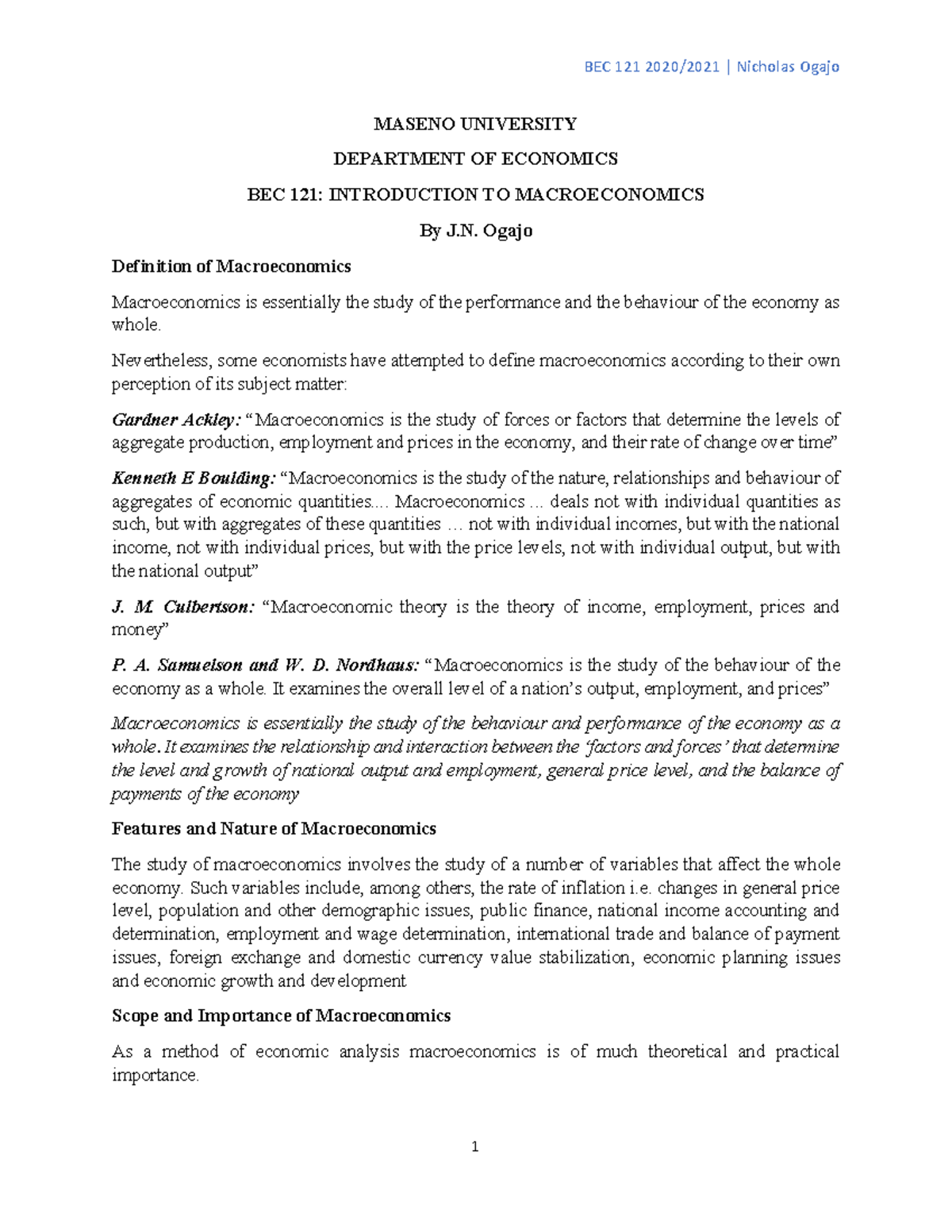 9868 bec 121 introduction to microeconomics - MASENO UNIVERSITY DEPARTMENT OF ECONOMICS BEC 121 ...