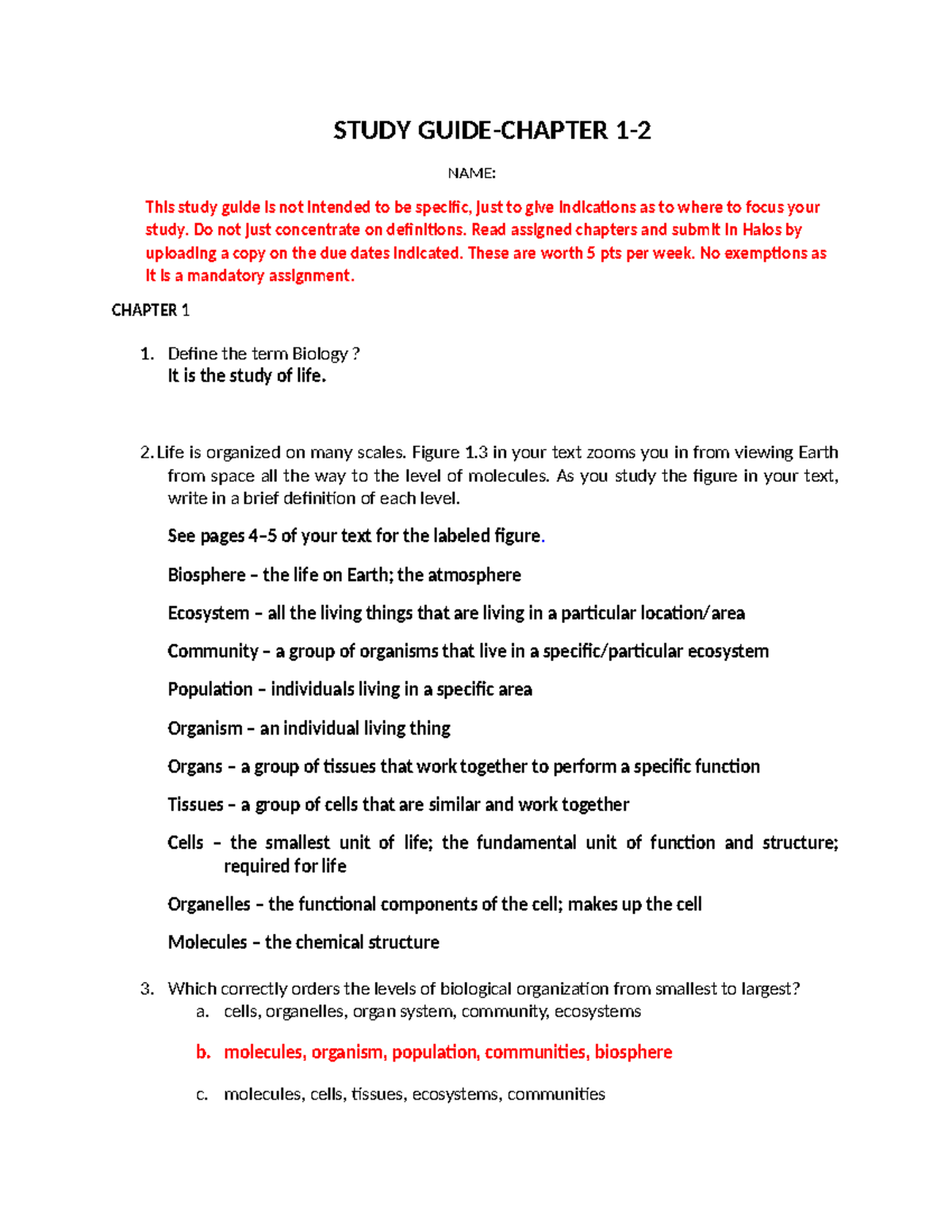BIO 181-Study Guide-Week 1-Chapter 1 and 2 - STUDY GUIDE-CHAPTER 1 ...