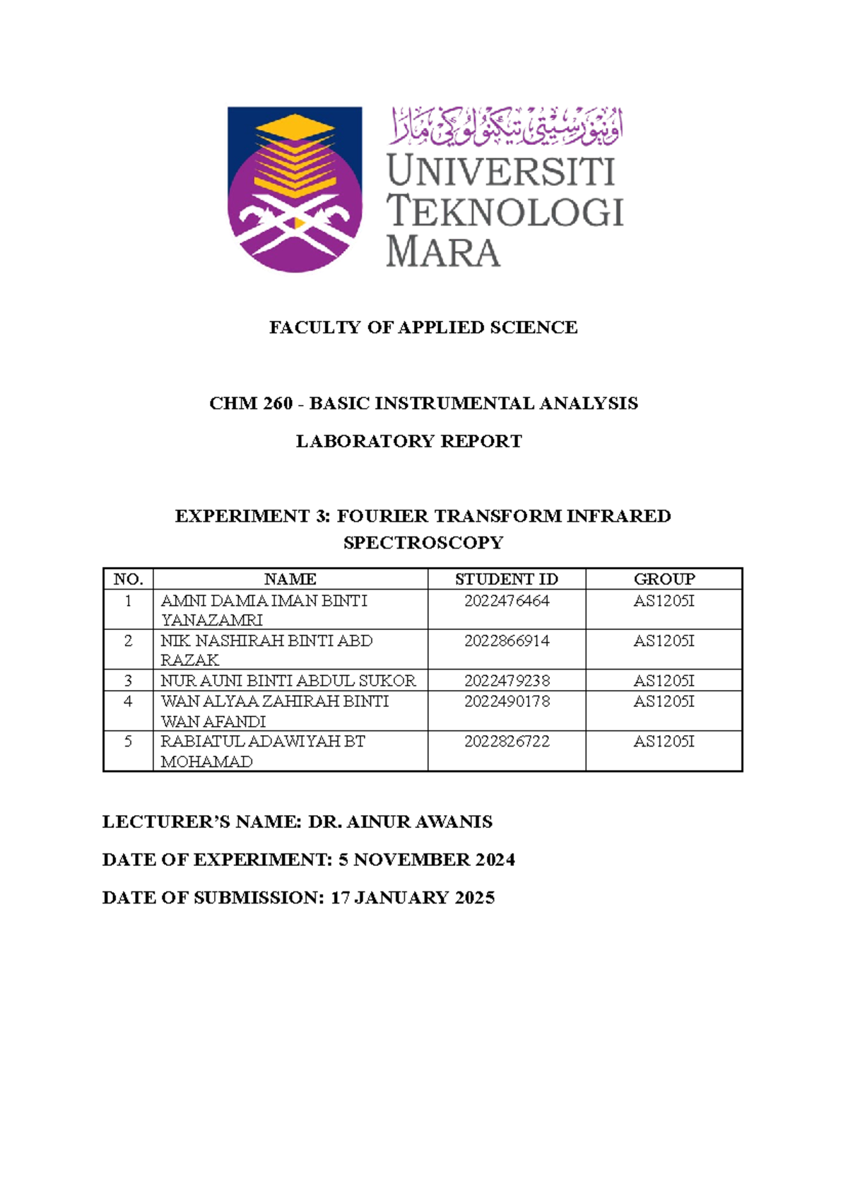CHM260 Lab Report: Exp. 3 - Fourier Transform Infrared Spectroscopy ...