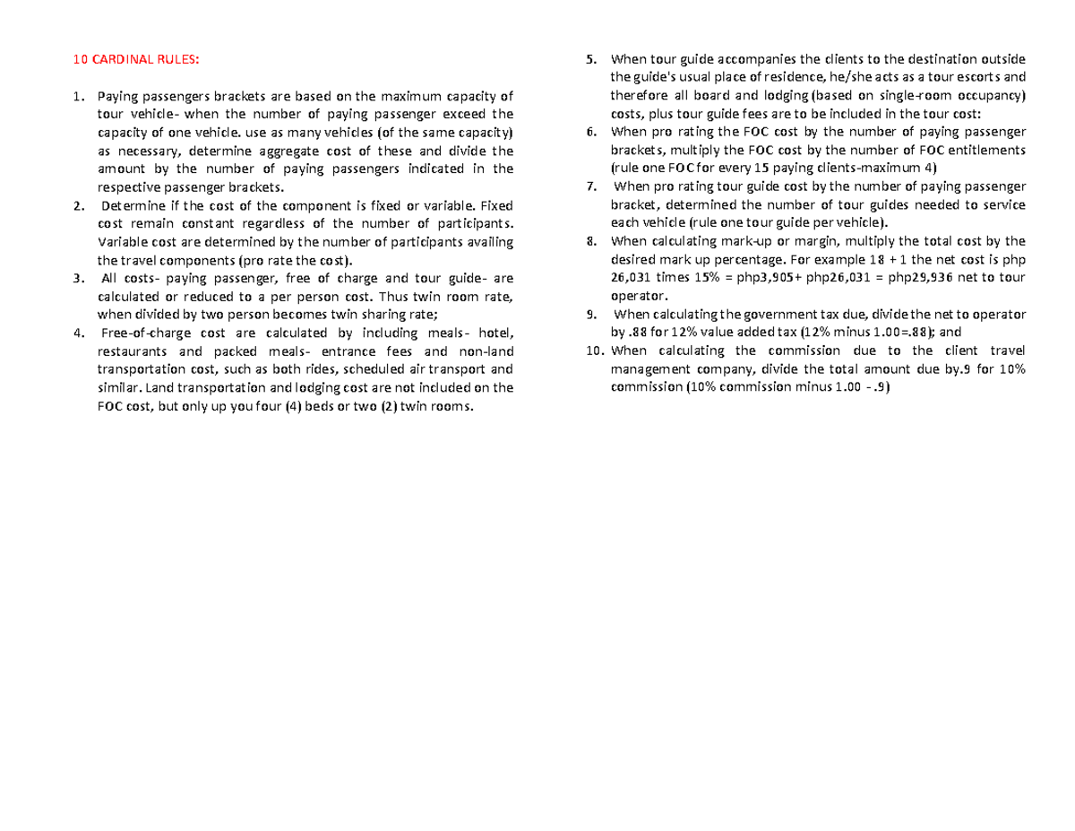 10 Essential Rules for Tour Cost Management - Studocu