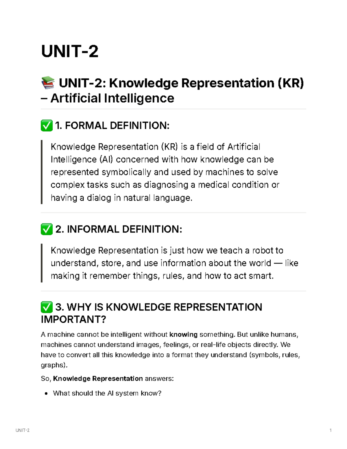 UNIT-2 - CSE 6th Sem AI: Knowledge Representation Overview - Studocu