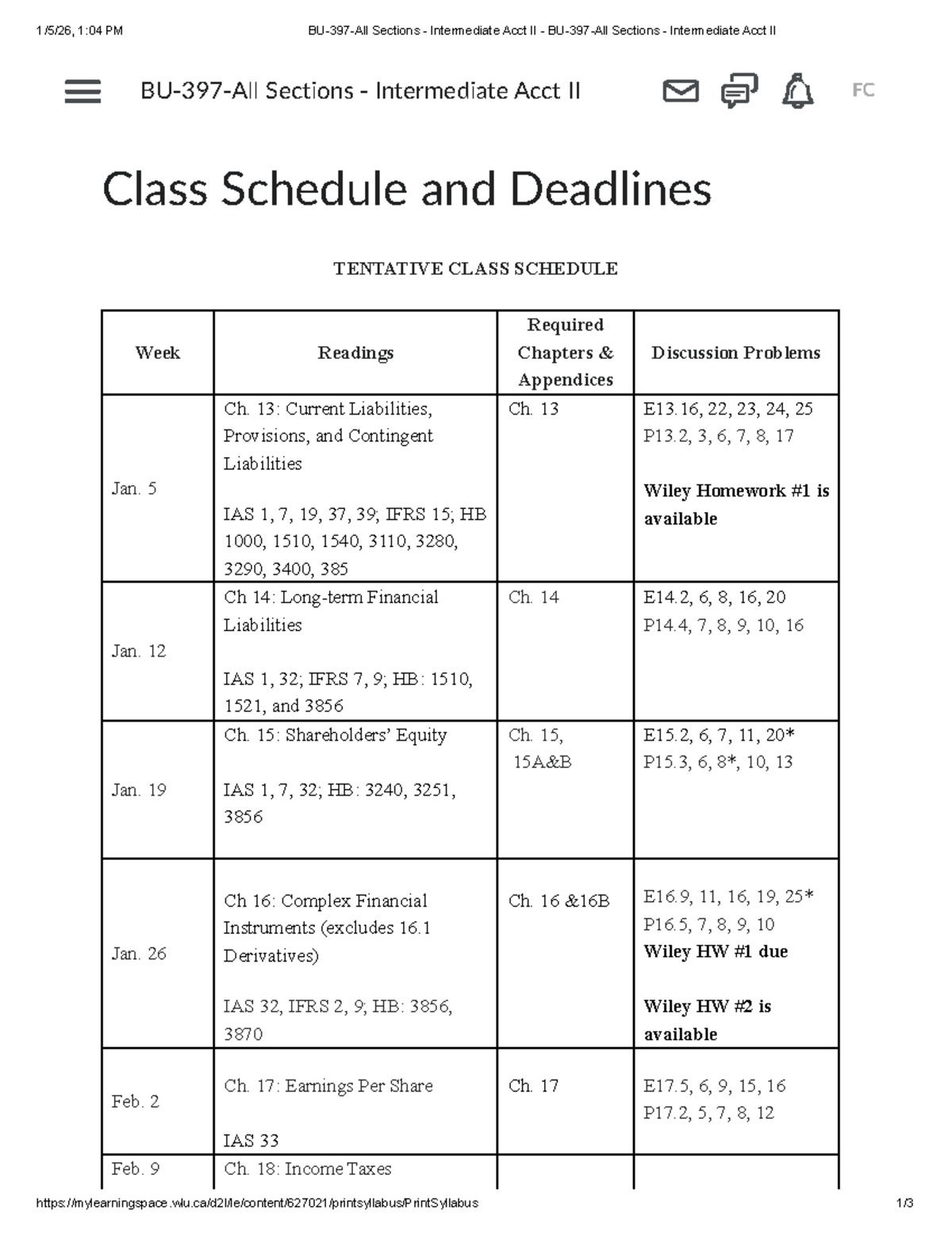 BU397 Intermediate Acct II Tentative Class Schedule & Deadlines - Studocu