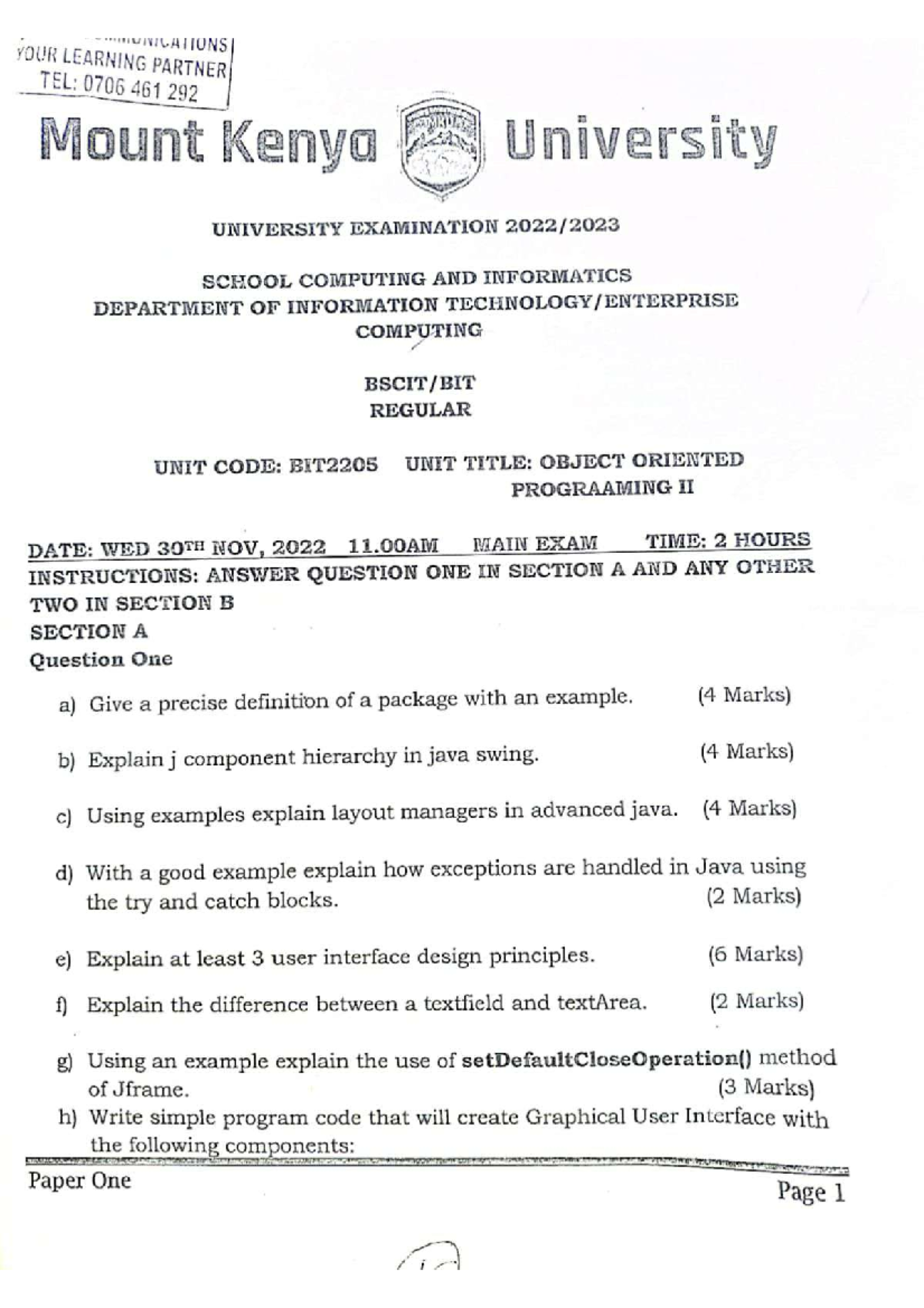 BIT 2205 - Object-Oriented Programming 2 Past Exam Papers - Studocu