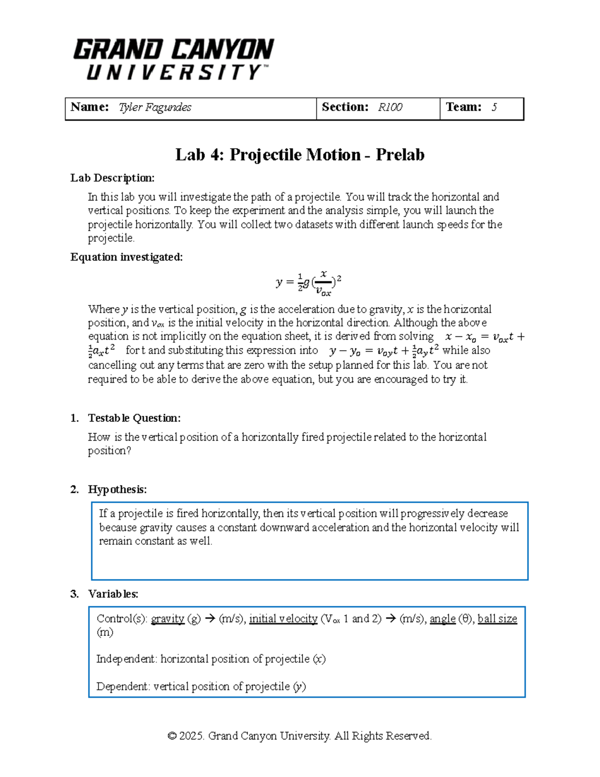 PHY111L Lab 4 Prelab: Investigating Projectile Motion - Studocu