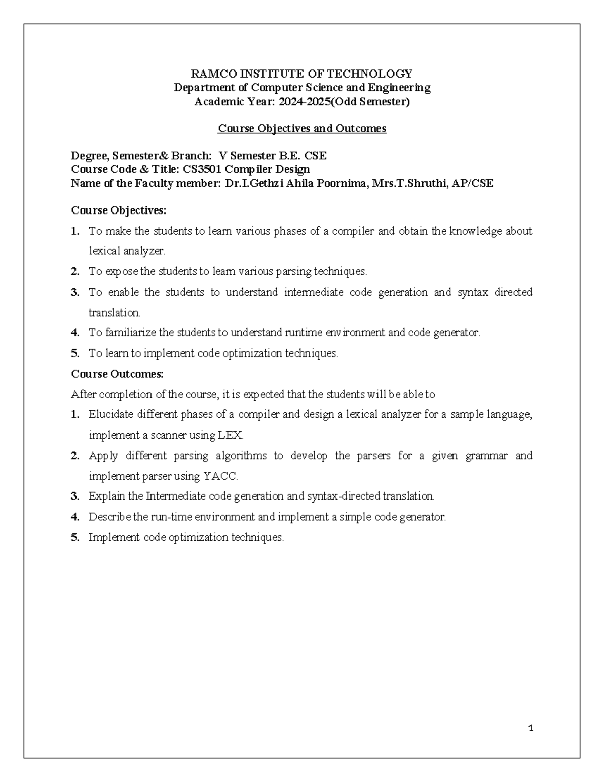 Compiler Design Manual - CS3501 Final Exam 2021 Regulation - Studocu