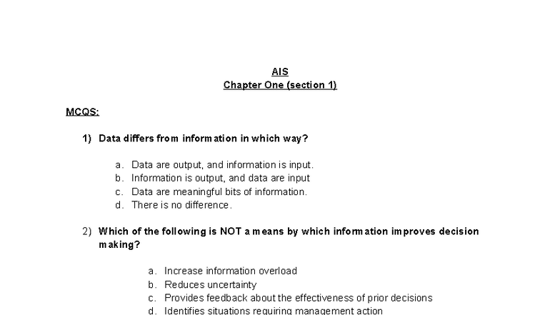 section year 123 - AIS Chapter One (section 1) MCQS: Data differs from ...