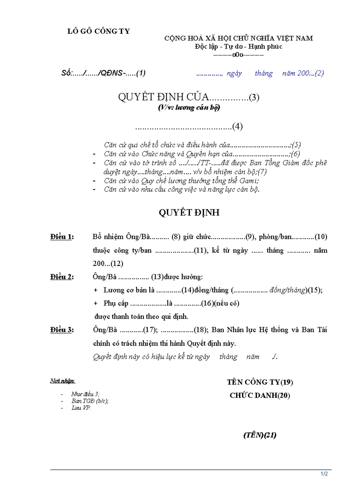 BMPT-04 (Quyet dinh luong bo nhiem) - LÔ GÔ CÔNG TY CỘNG HOÀ XÃ HỘI CHỦ NGHĨA VIỆT NAM Độc lập ...