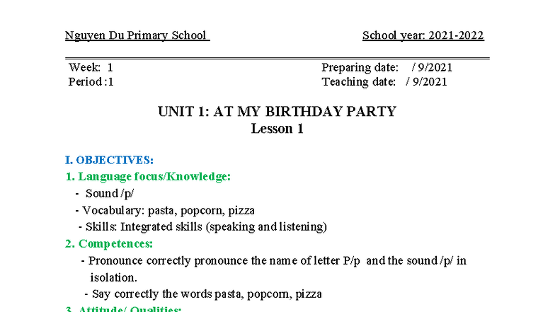 Nguyen Du Primary School - English Grade 2 Lesson Plan: Unit 1 & Fun ...