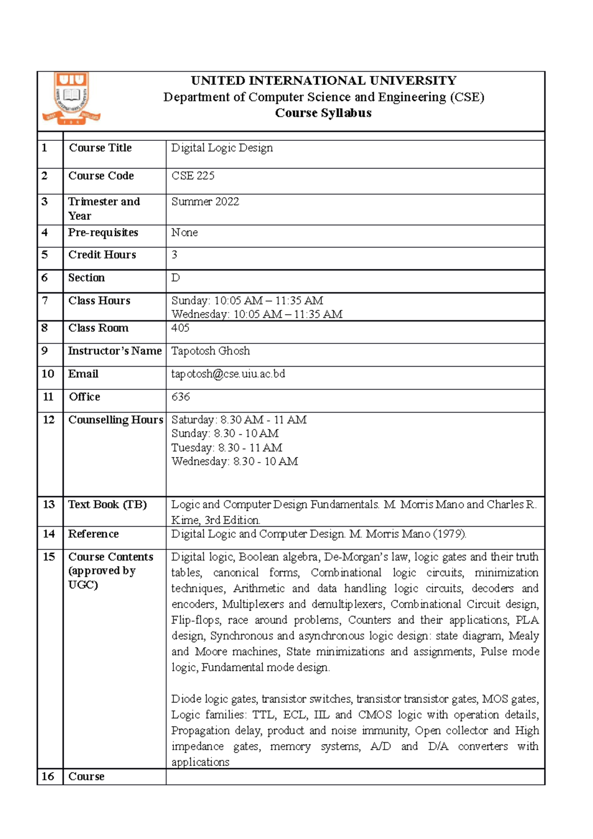 UIU CSE 225 Course Syllabus - UNITED INTERNATIONAL UNIVERSITY ...