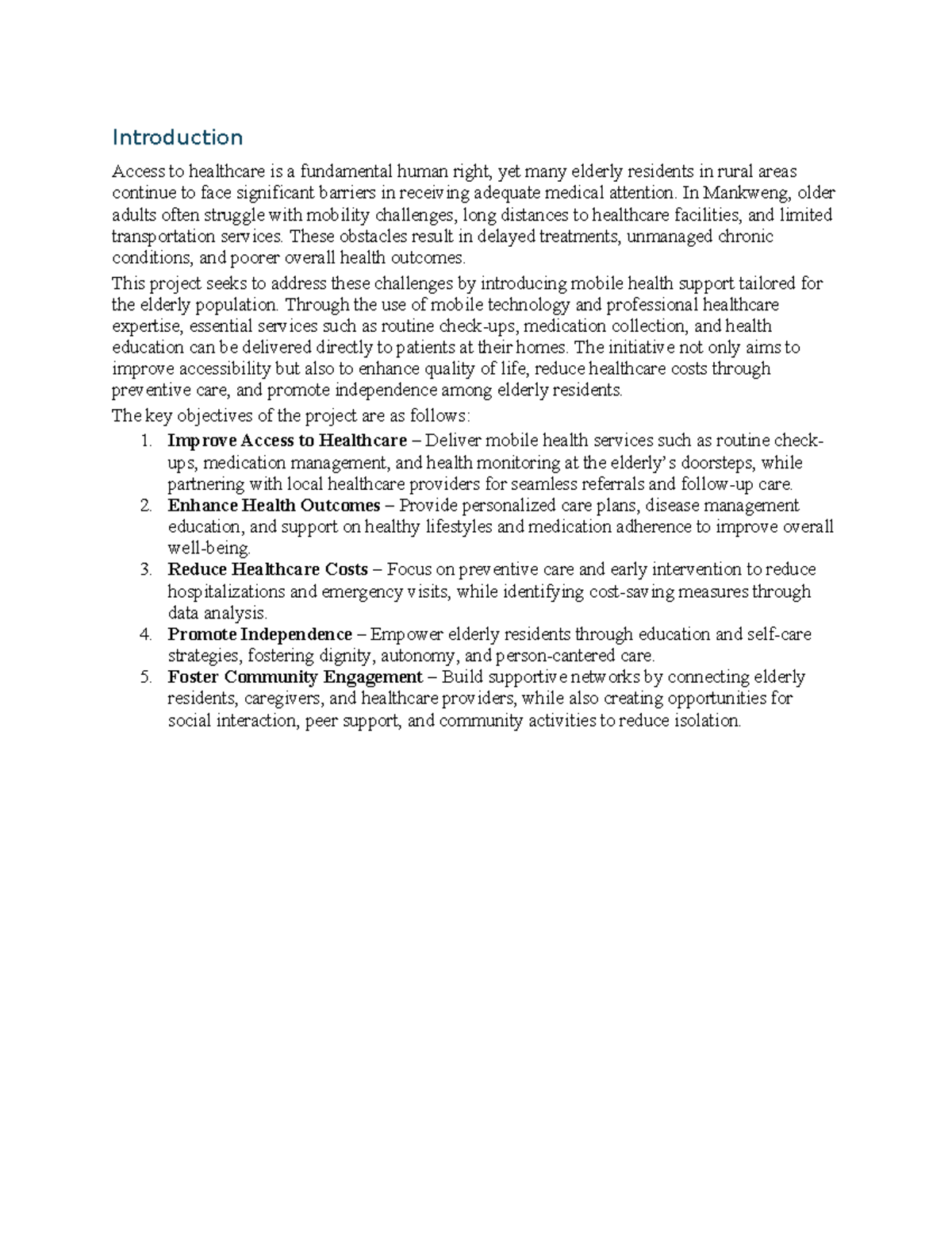 Introduction to the FIVE Project Objectives for Elderly Healthcare ...