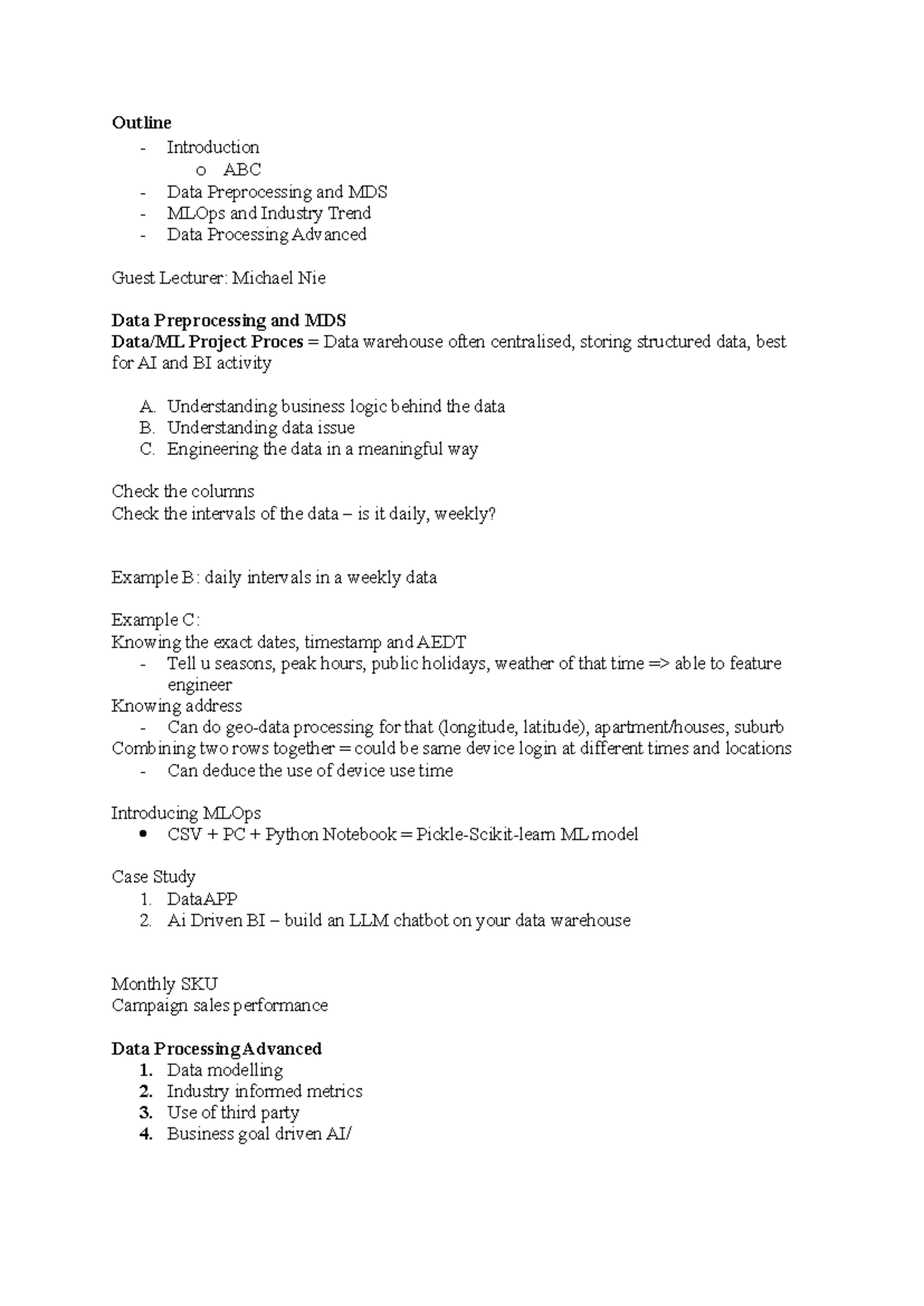Lecture 3: ABC Data Preprocessing & MDS in MLOps Trends - Studocu