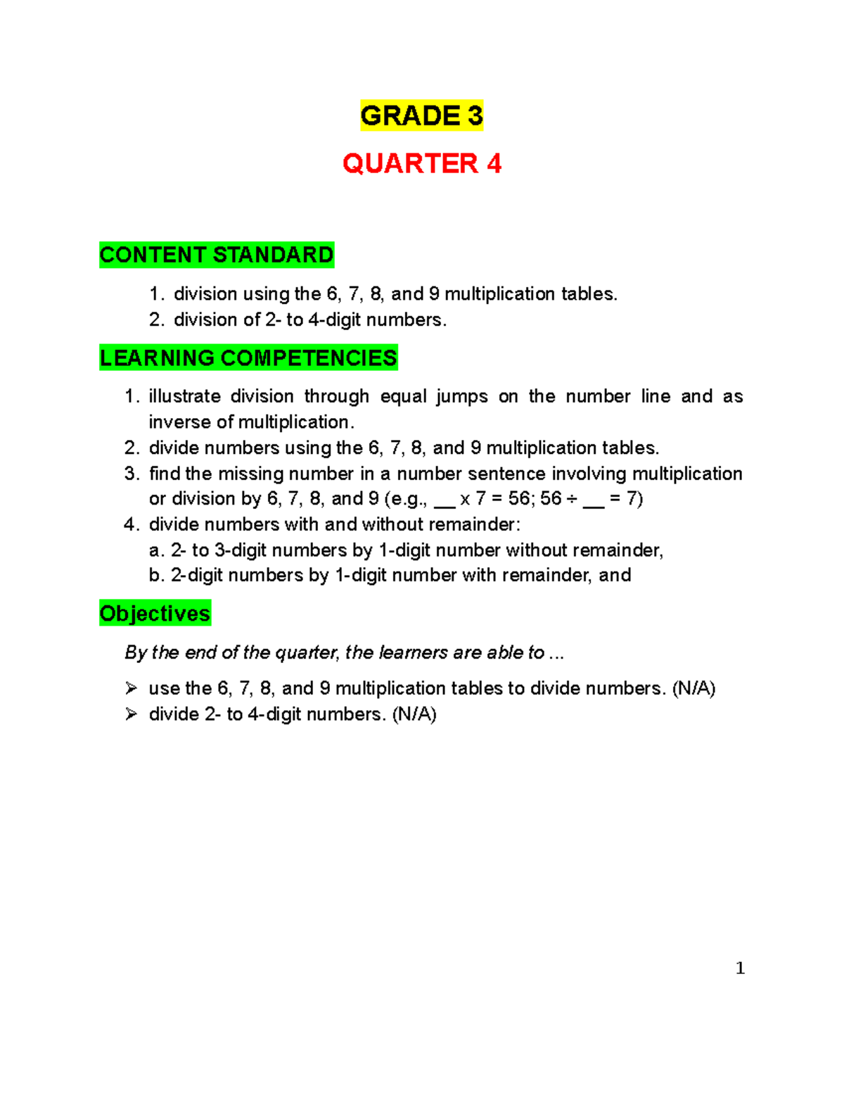 MATH-3 Quarter 4: Division Using 6, 7, 8, and 9 Tables - Studocu