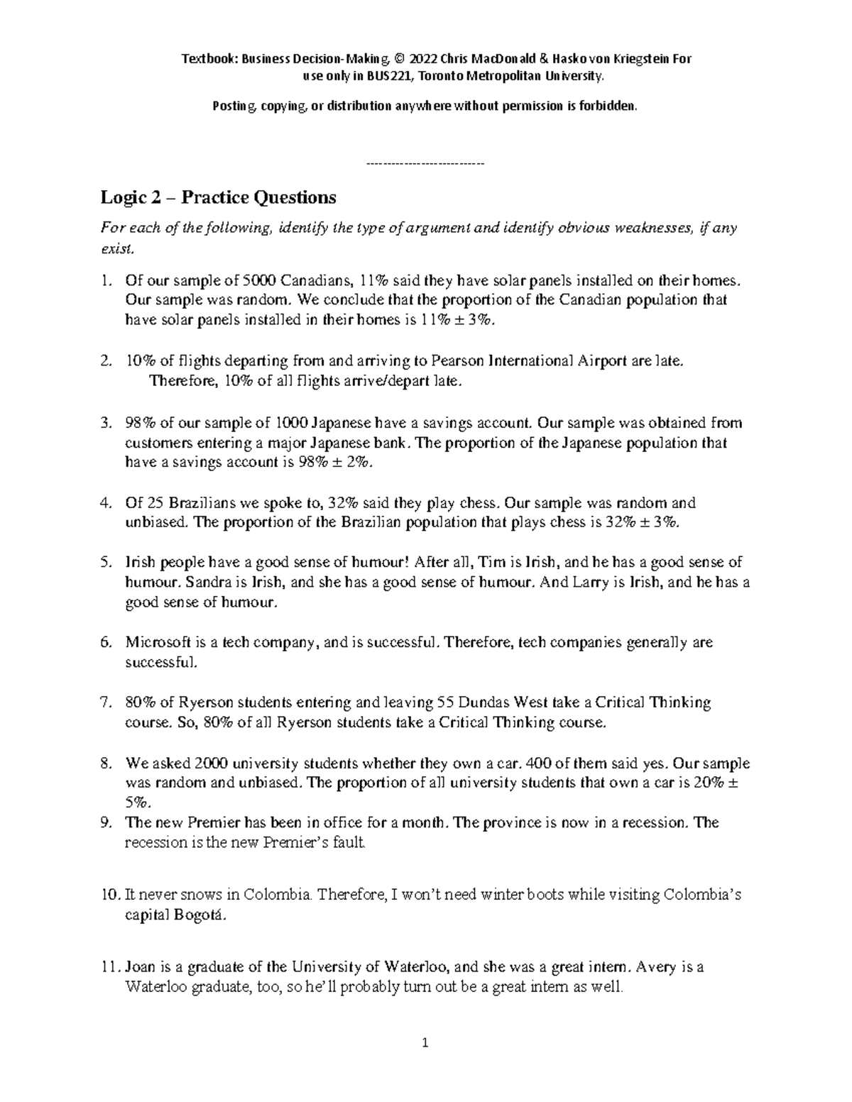 BUS221 Logic 2 Practice Questions and Argument Analysis - Studocu