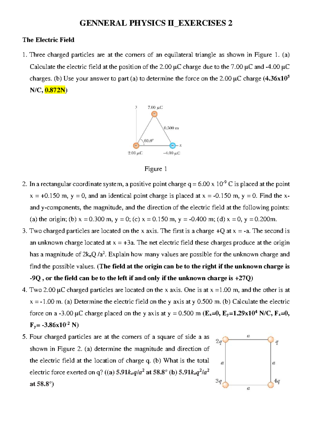 General Physics II - Exercises 2: The Electric Field Analysis - Studocu