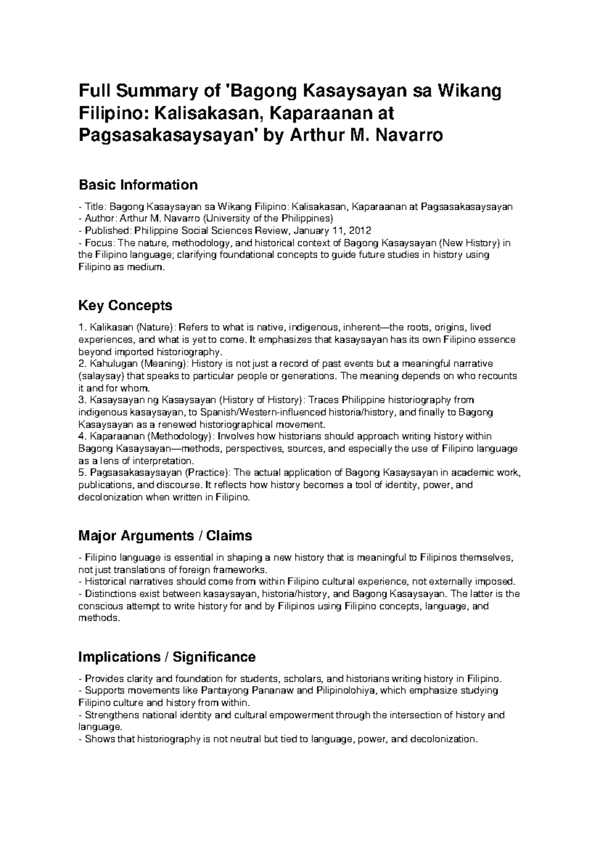 Bagong Kasaysayan sa Wikang Filipino: Full Summary by Arthur M. Navarro ...