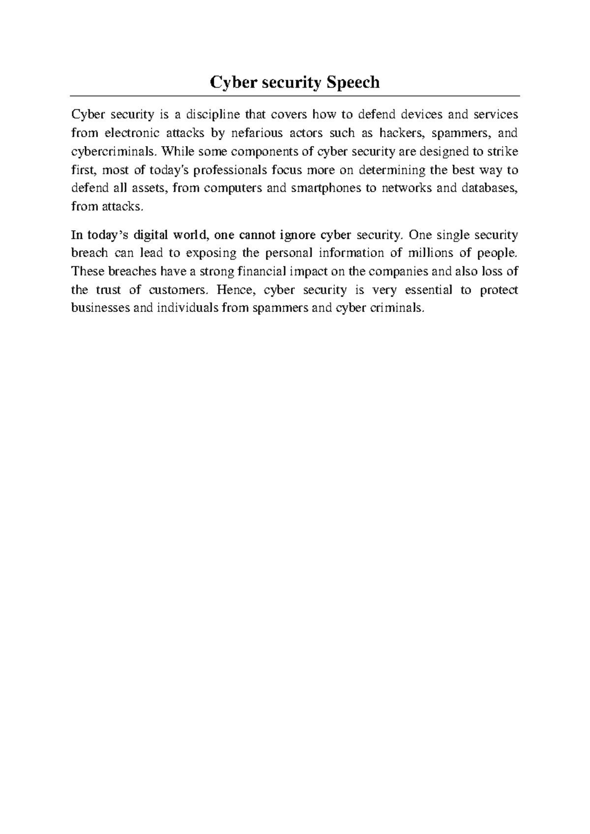 Cyber Security Speech: Defending Against Digital Threats - Studocu