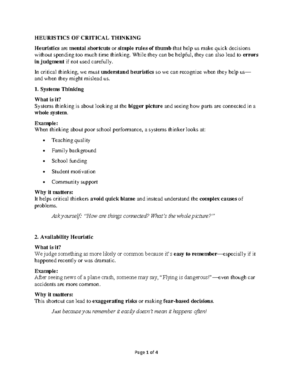 HEURISTICS IN CRITICAL THINKING: A GUIDE TO DECISION-MAKING - Studocu